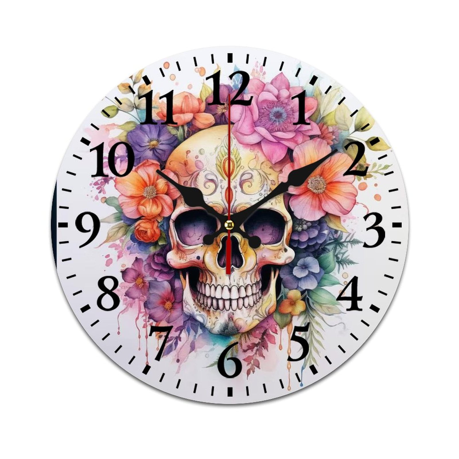 Skull with Leaves And Flowers Wall Clock Modern Design Clocks Wall Hanging Home Office School ...