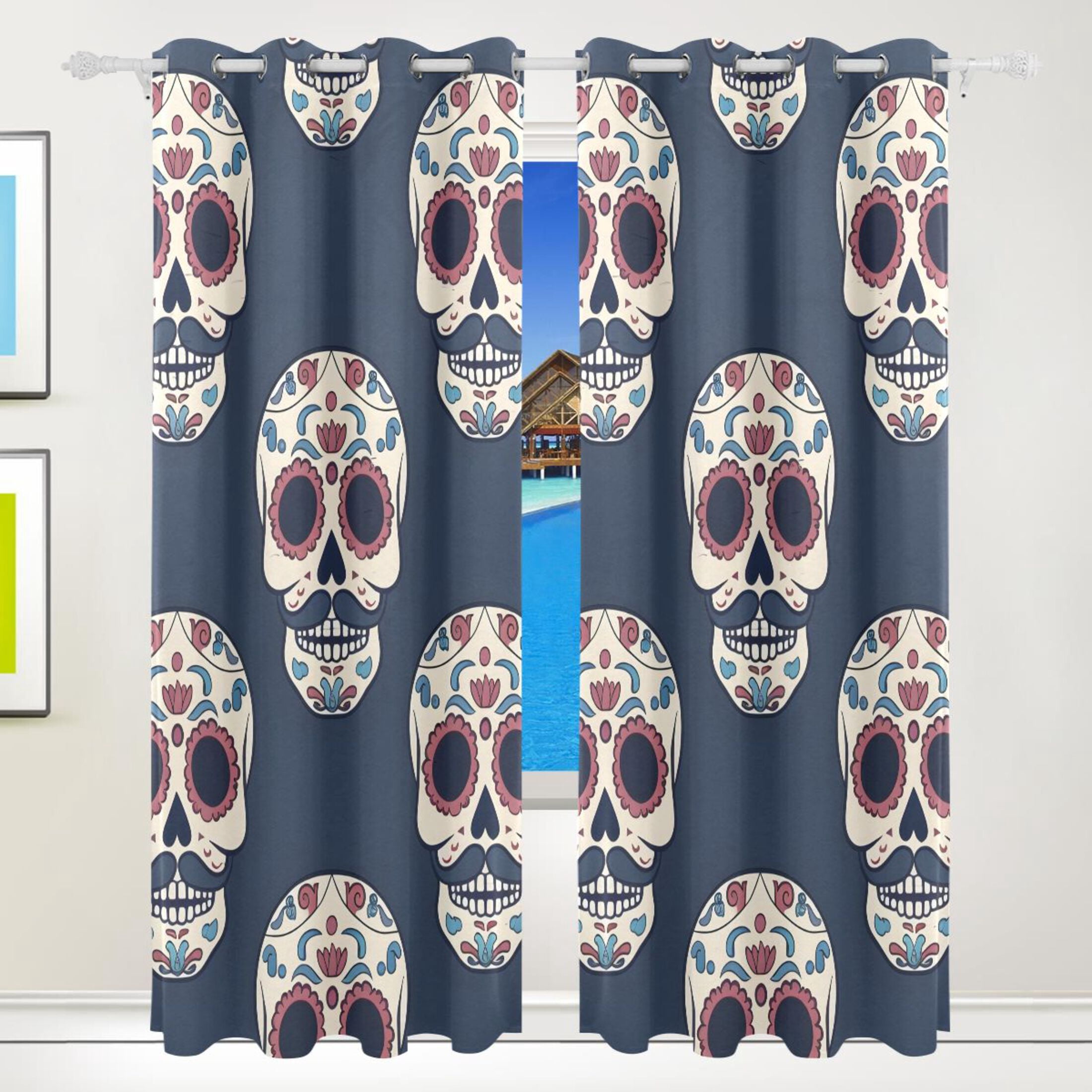Skull with Mustache Blackout Curtains 84 inch Length 2 Panels Grommet ...
