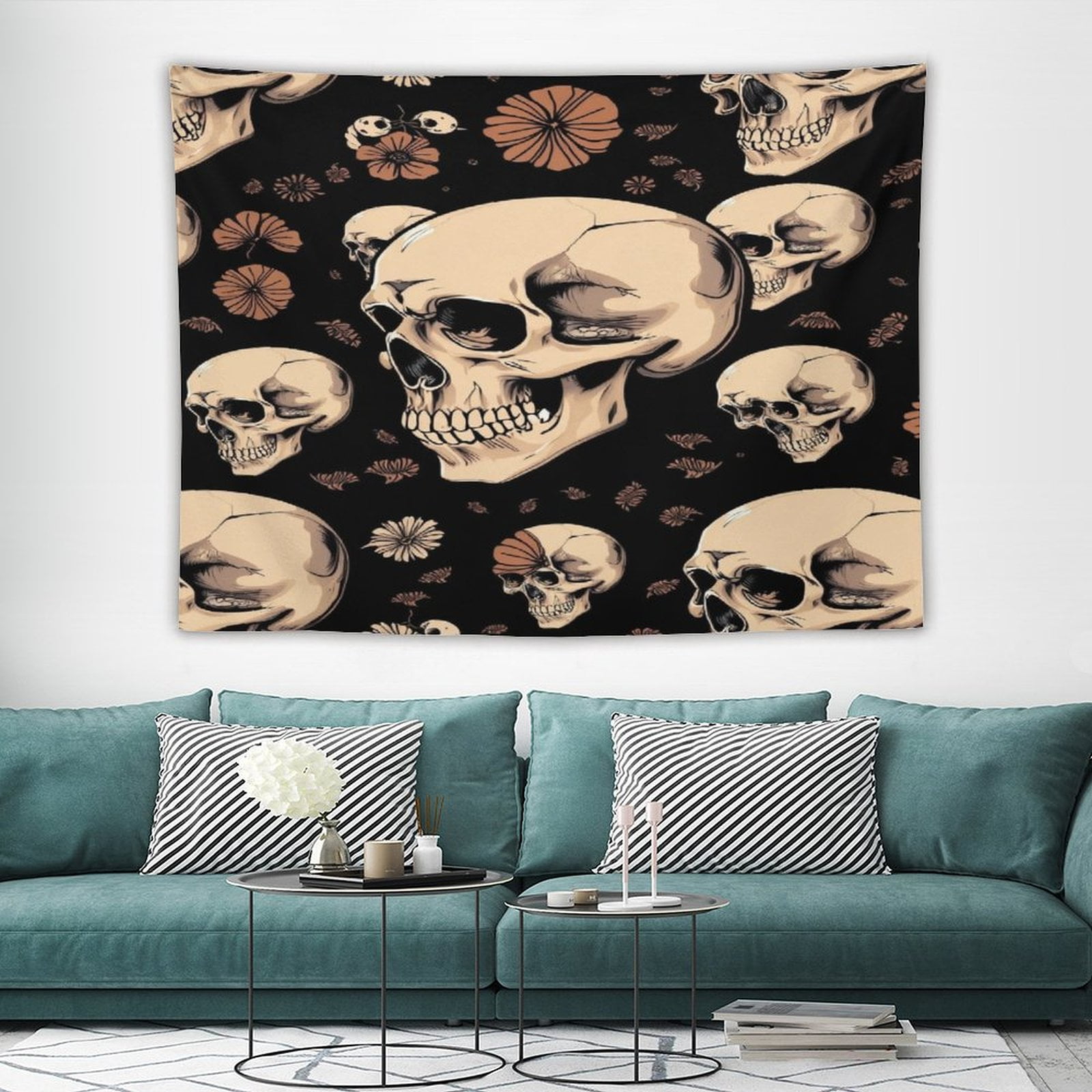 Skulls Flowers Dark Background Repeat Wall Tapestry Poster Mall Hanging ...