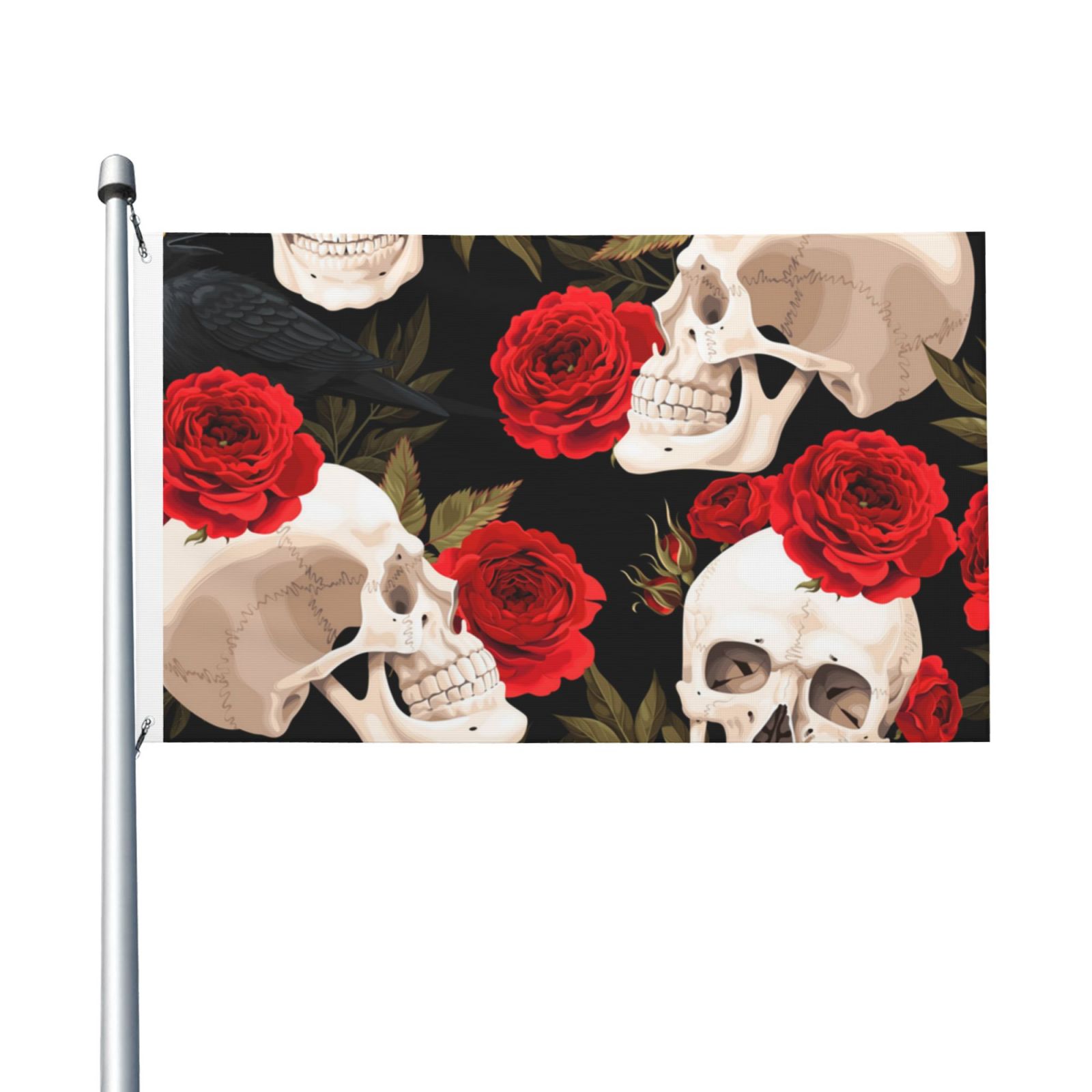 Skulls Red Roses Raven Flag 3X5 Ft Garden Yard House Flags Banner Sign ...