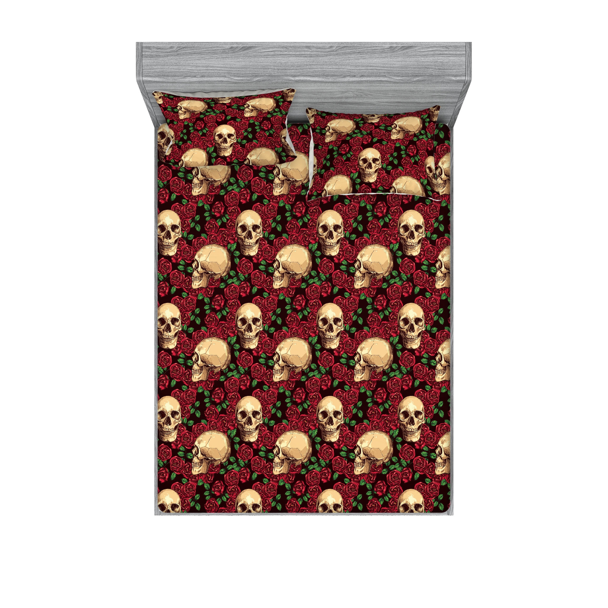 Skulls and Roses Fitted Sheet & Pillow Sham Set, Romantic Flowers and ...