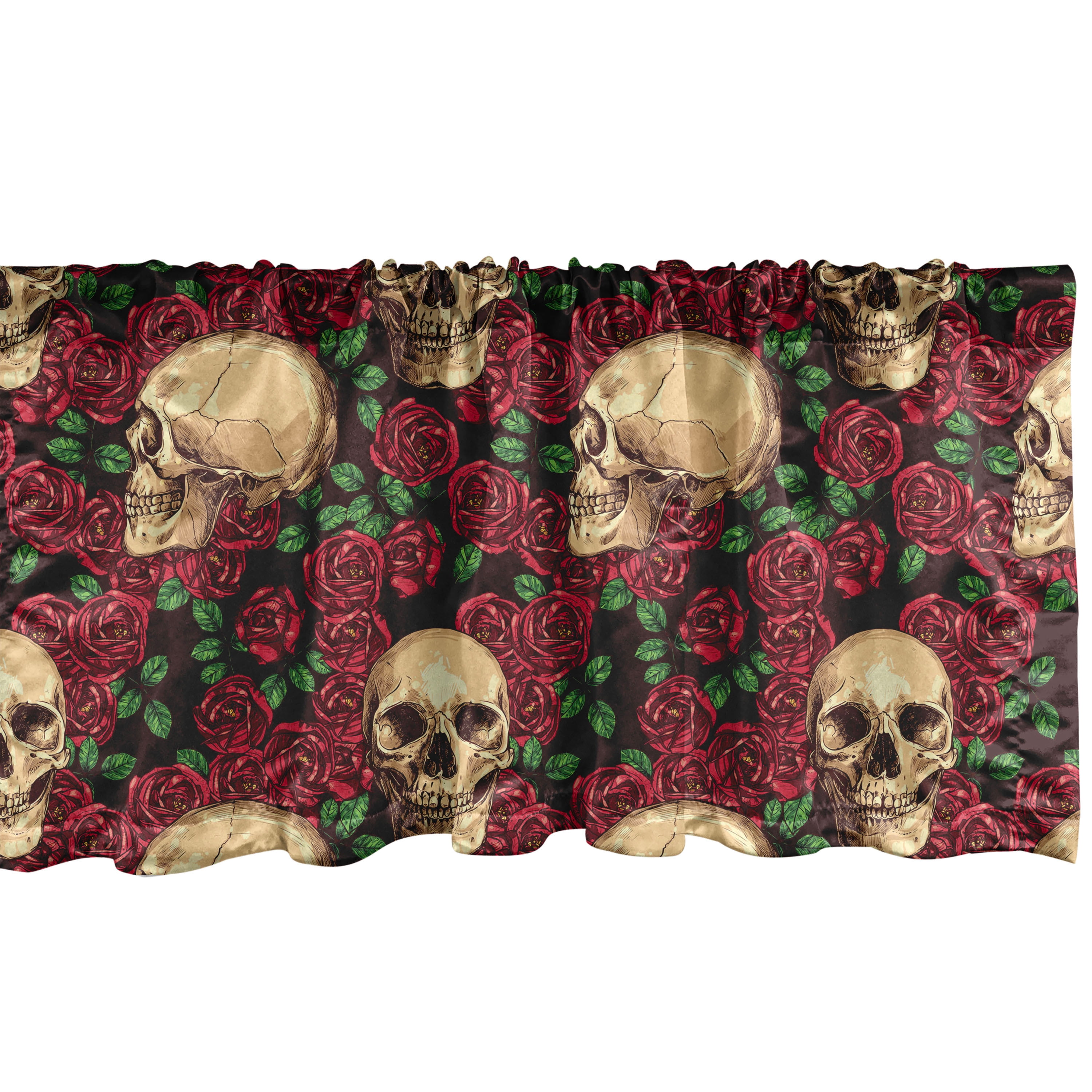 Skulls and Roses Window Valance, Romantic Flowers and Leaves with ...