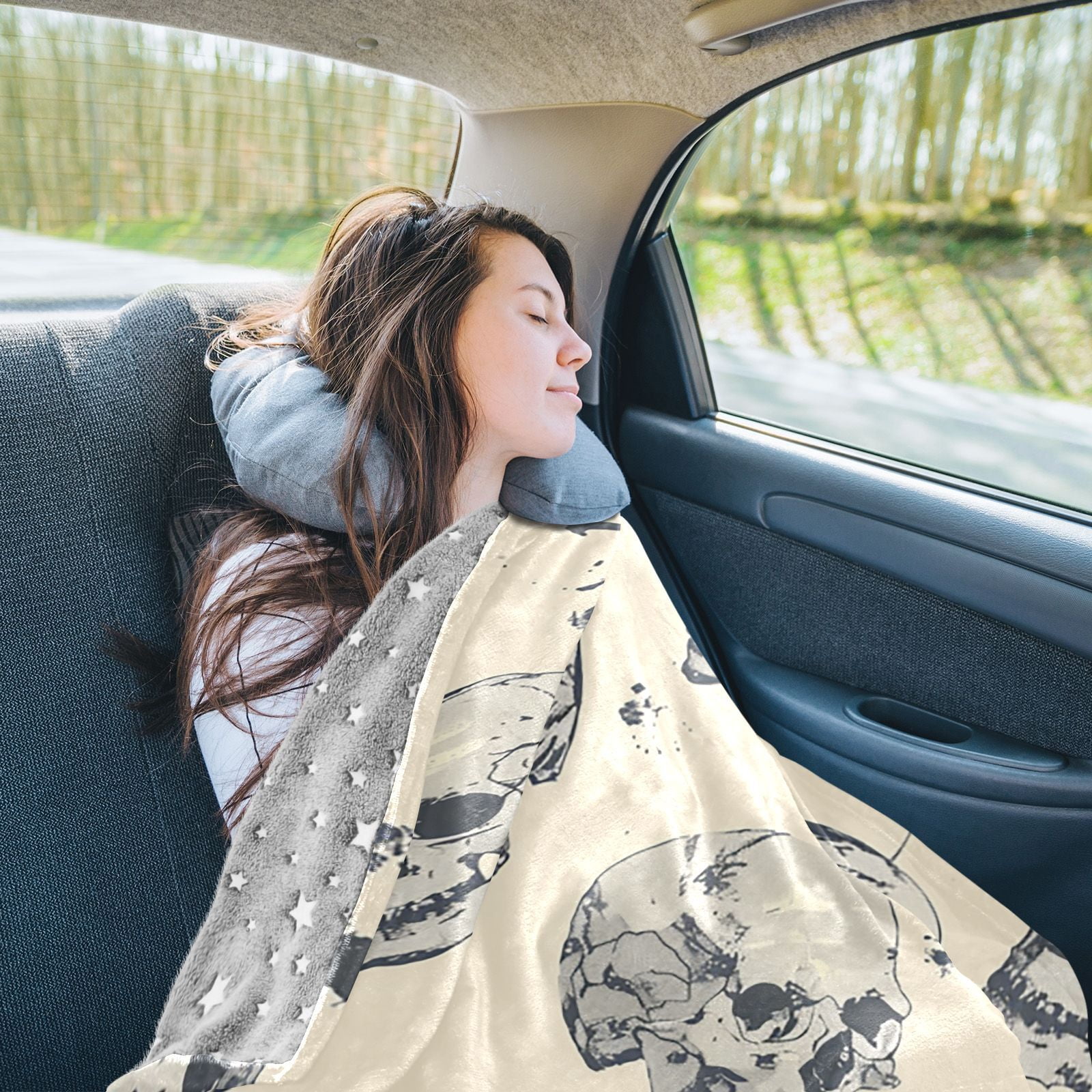 Skulls Skeleton Travel Blanket Pillow Compact Foldable Airplane Throw ...