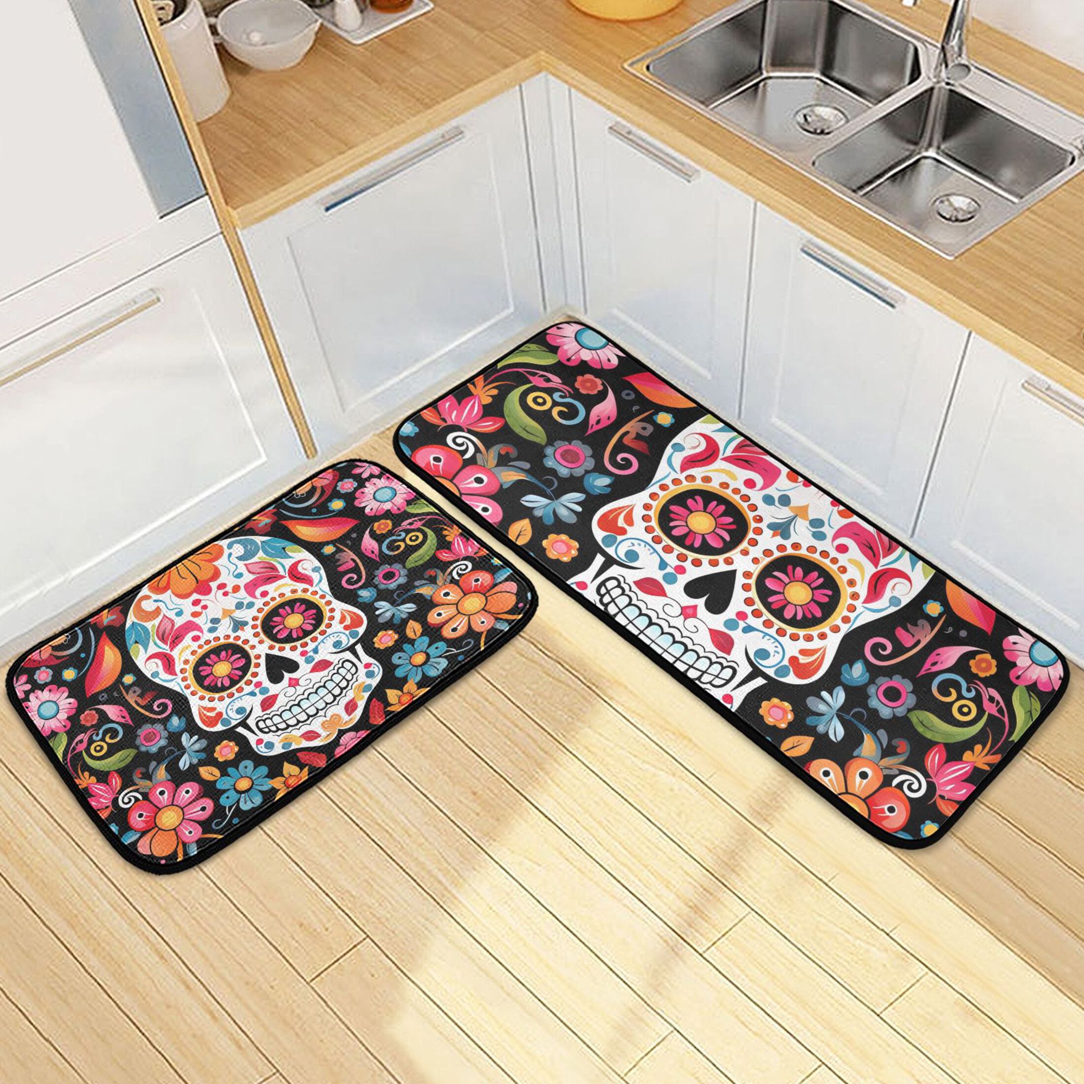 Skulls and Floral Kitchen Rugs Set of 2 Non Slip Floor Foam Mat ...