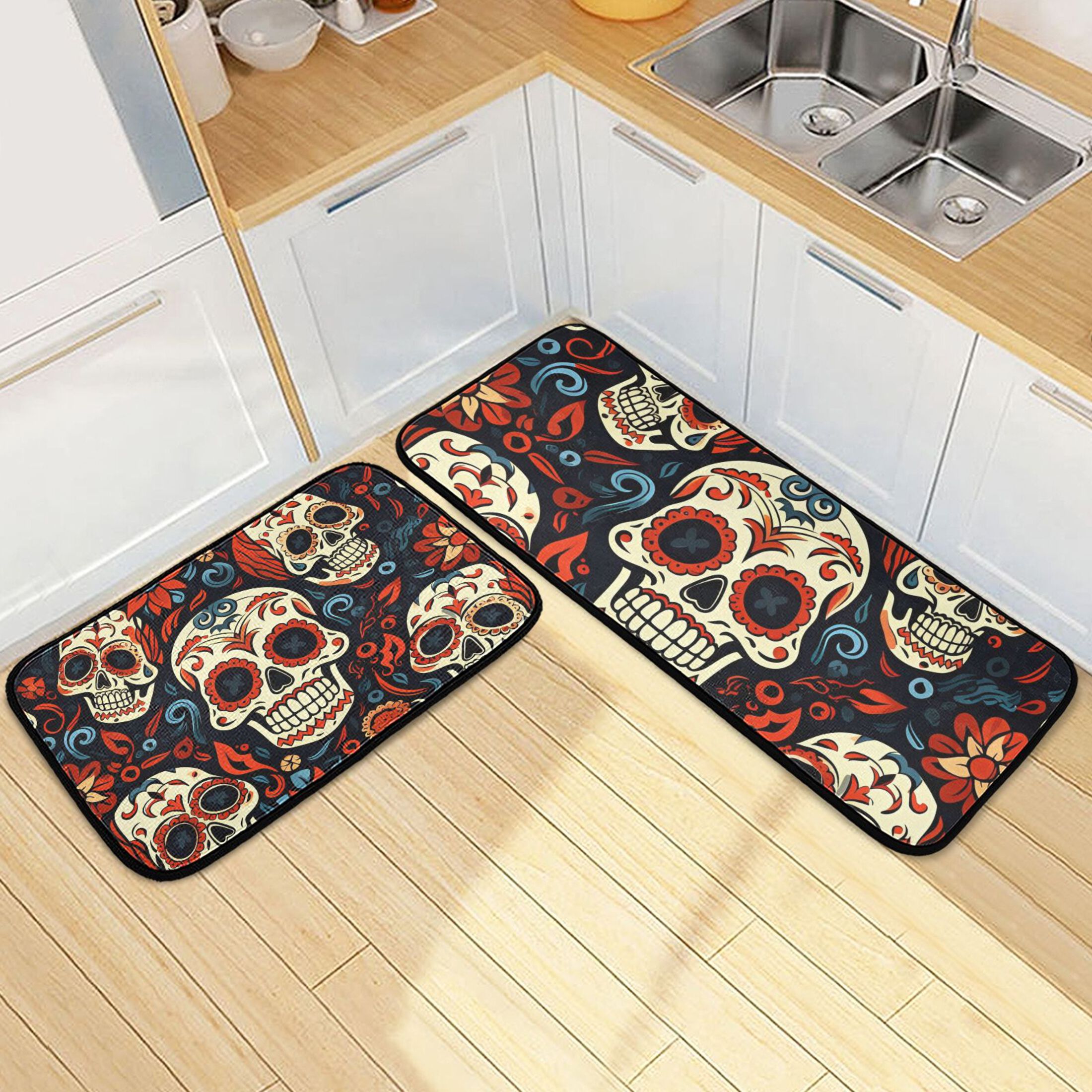 Skulls and Roses Flowers Kitchen Rugs Set of 2 Non Slip Floor Foam Mat ...