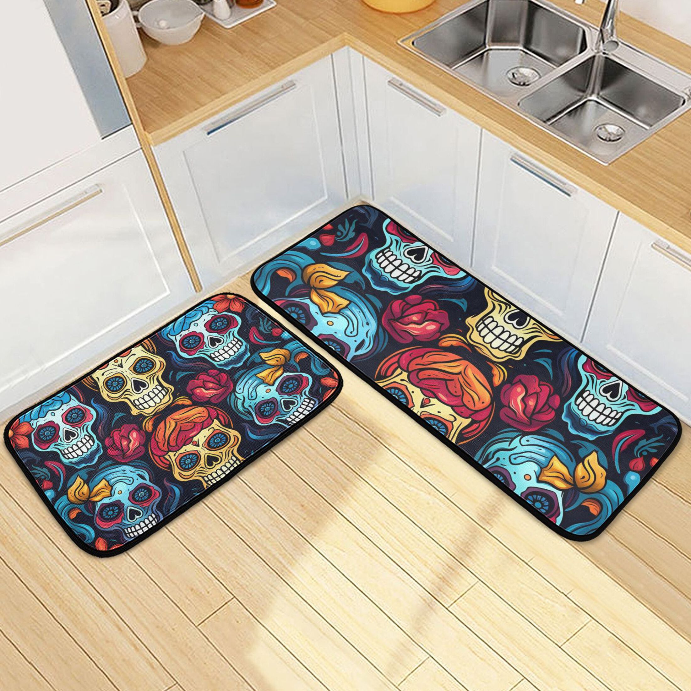 Skulls and Roses Flowers Kitchen Rugs Set of 2 Non Slip Floor Foam Mat ...