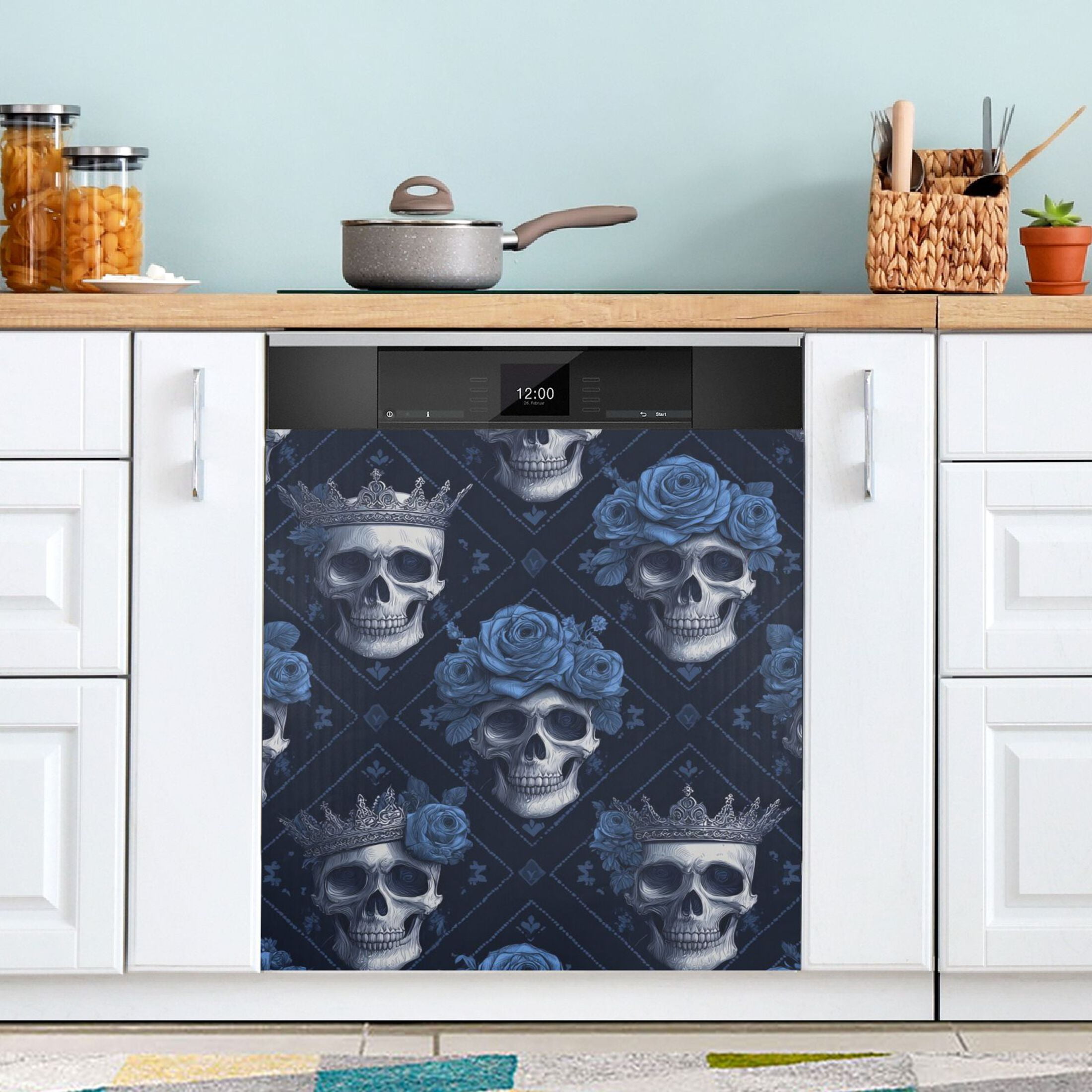 Skulls with Blue Roses on Head Dishwasher Magnet Refrigerator Magnetic ...