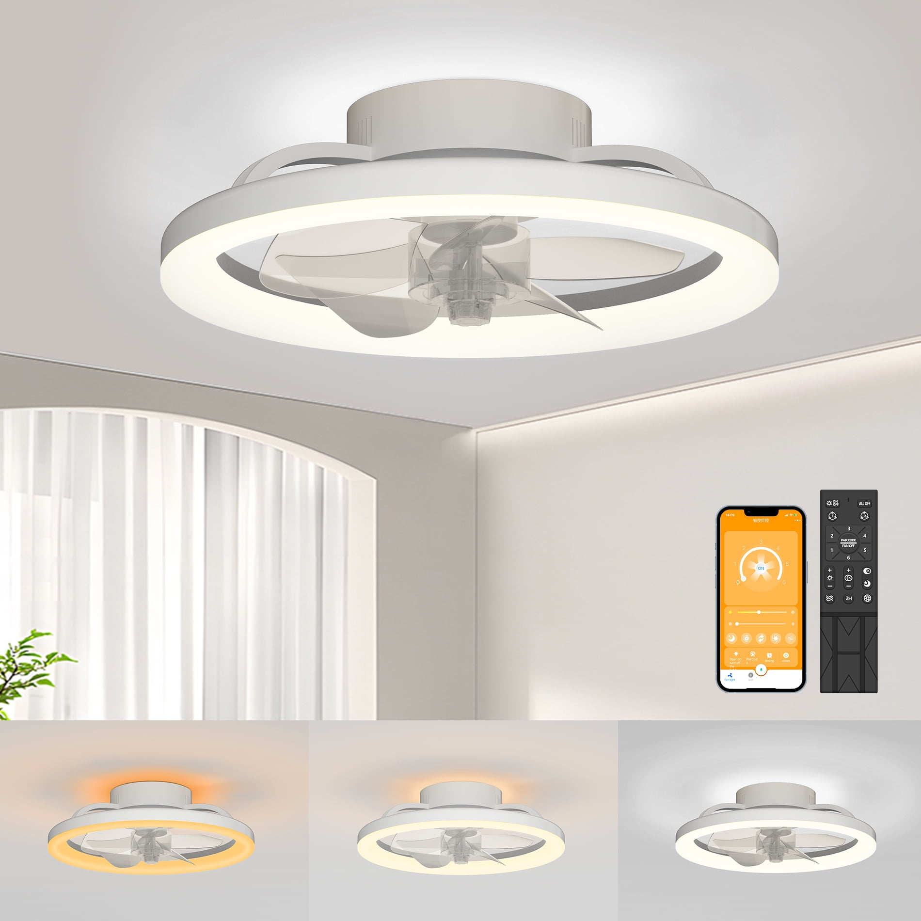Skvevn 16" Ceiling Fan with Light, 2 Colors Lighting, 6 Wind Speeds ...
