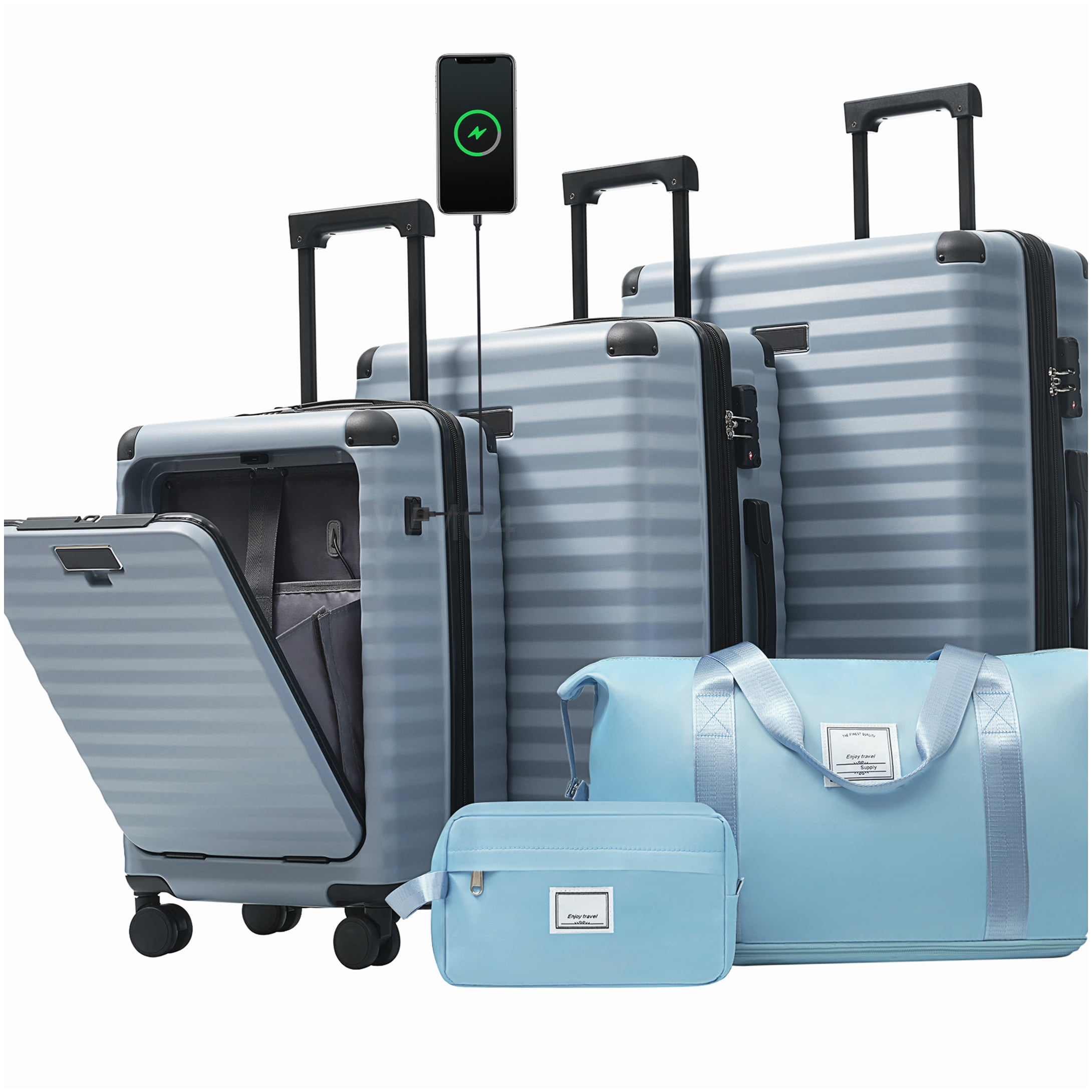 Sky Blue ABS 5-Piece Travel Luggage Set with Spinner Wheels, TSA Lock ...