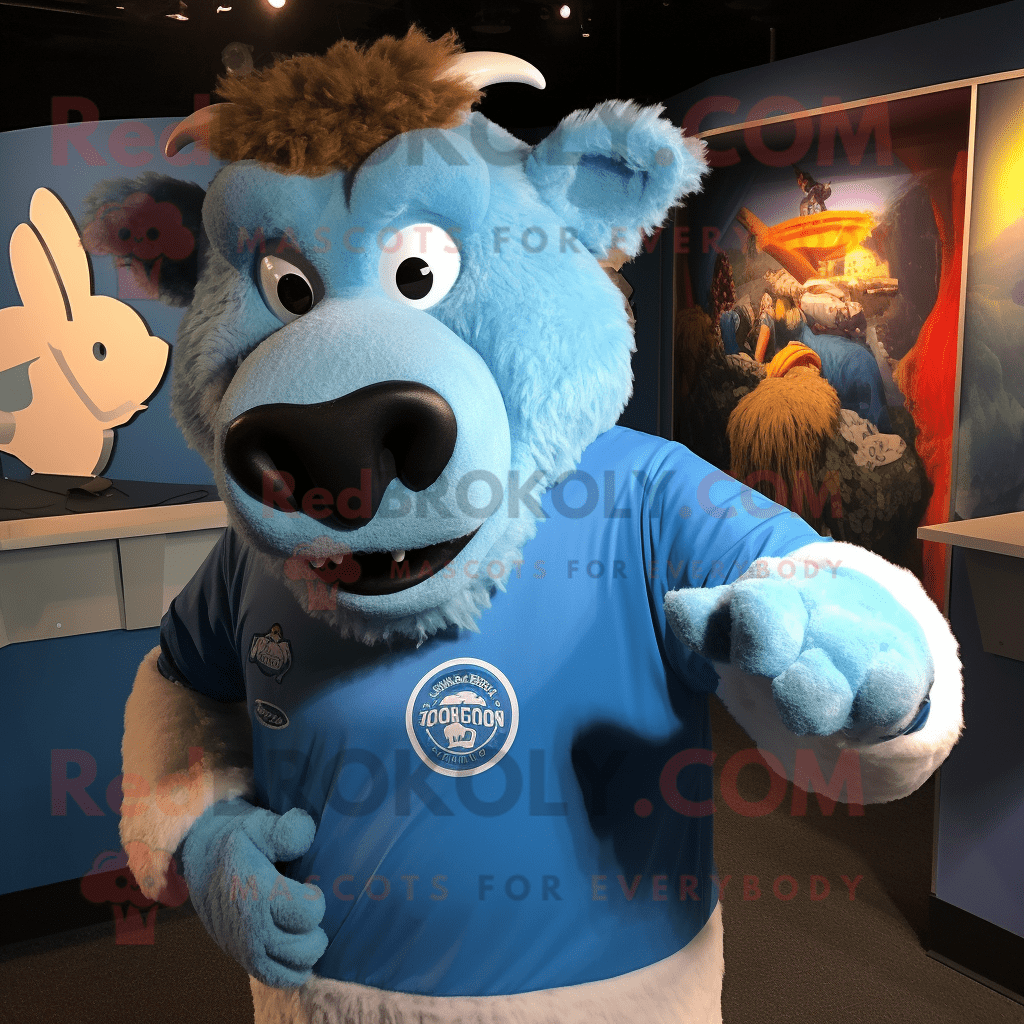 Sky Blue Bison REDBROKOLY mascot costume character dressed with a ...