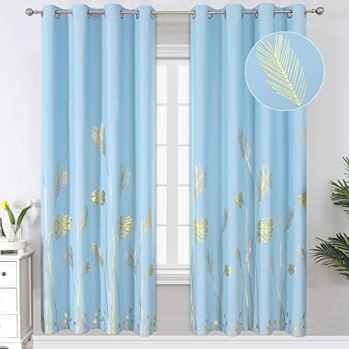 Sky Blue Blackout Curtains for Bedroom, Room Darkening Gold Palm Tree ...