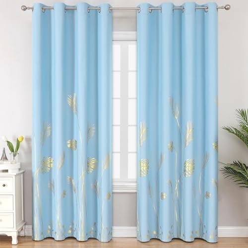 Sky Blue Blackout Curtains for Bedroom, Room Darkening Gold Palm Tree ...