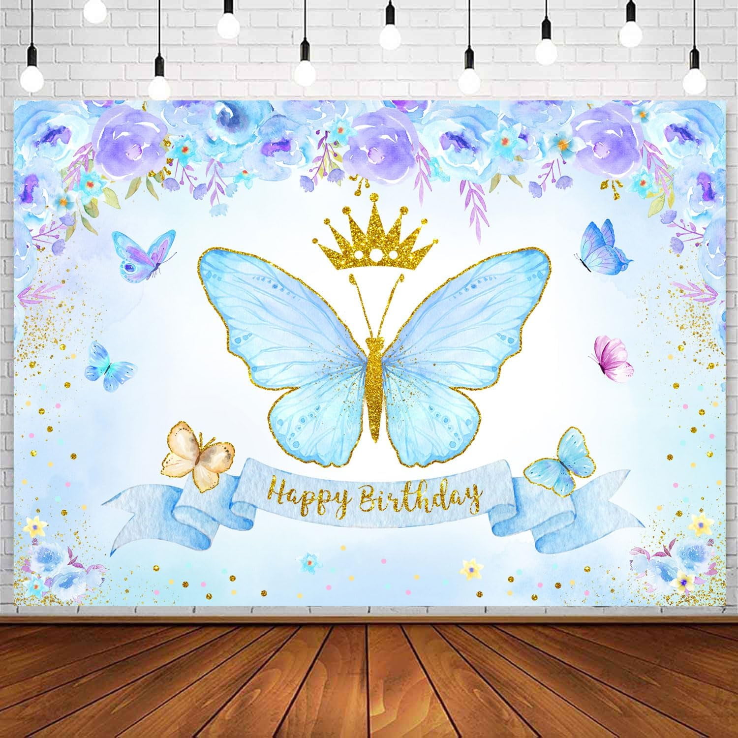 Sky Blue Butterfly Birthday Backdrop Watercolor Pastel Floral Flowers ...