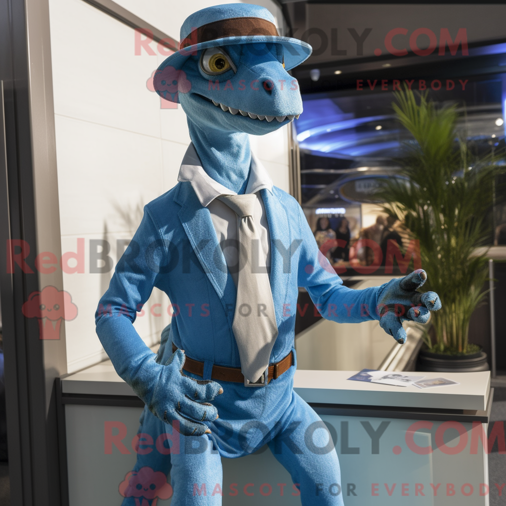 Sky Blue Deinonychus REDBROKOLY mascot costume character dressed with a ...