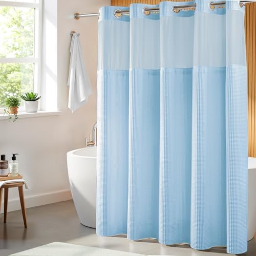 Sky Blue Fabric Shower Curtain Set, Cotton Blend, Waffle Weave, with ...