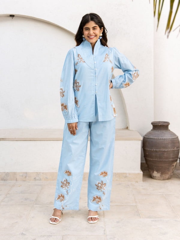 Sky Blue Floral Embroidered Pleated Yoke Co-Ord Set in Cotton - Walmart.com
