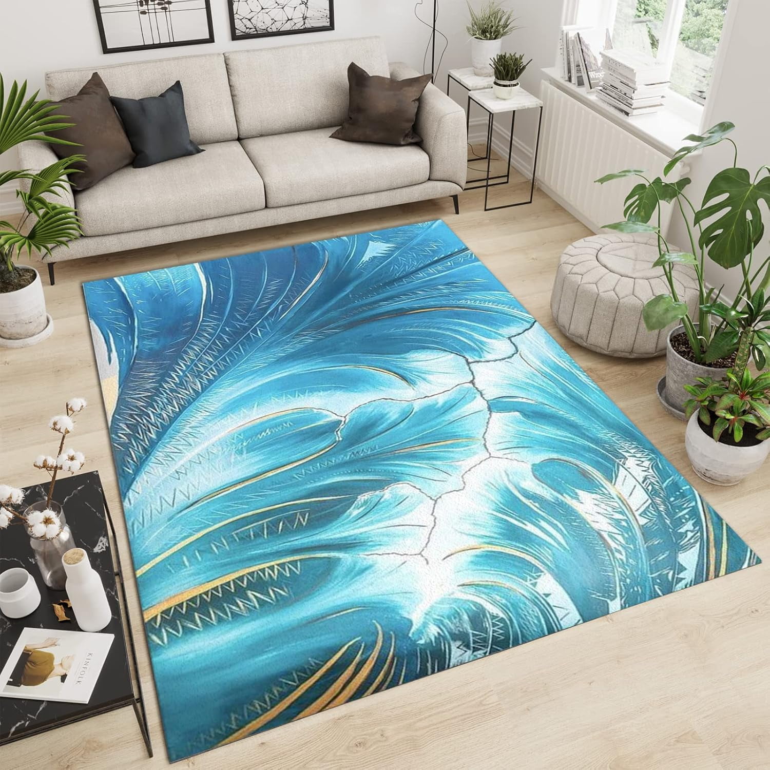 Sky Blue Gold Abstract Area Rug, Luxury Living Room Rug, Hotel Rug Non ...