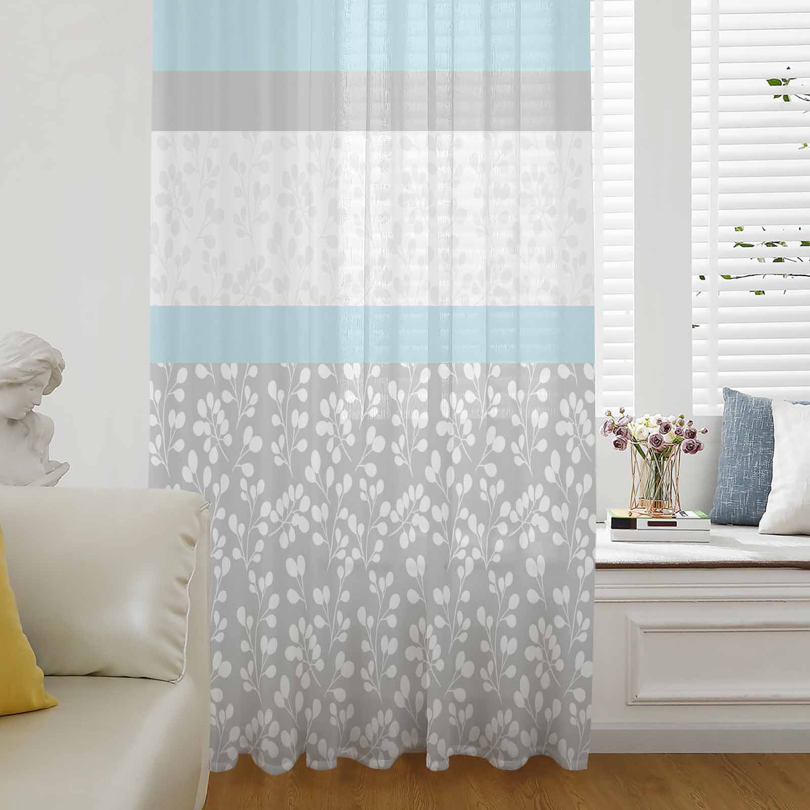Sky Blue Grey Window Curtain 108 Inches Long,Chic Garden Floral Stripe ...