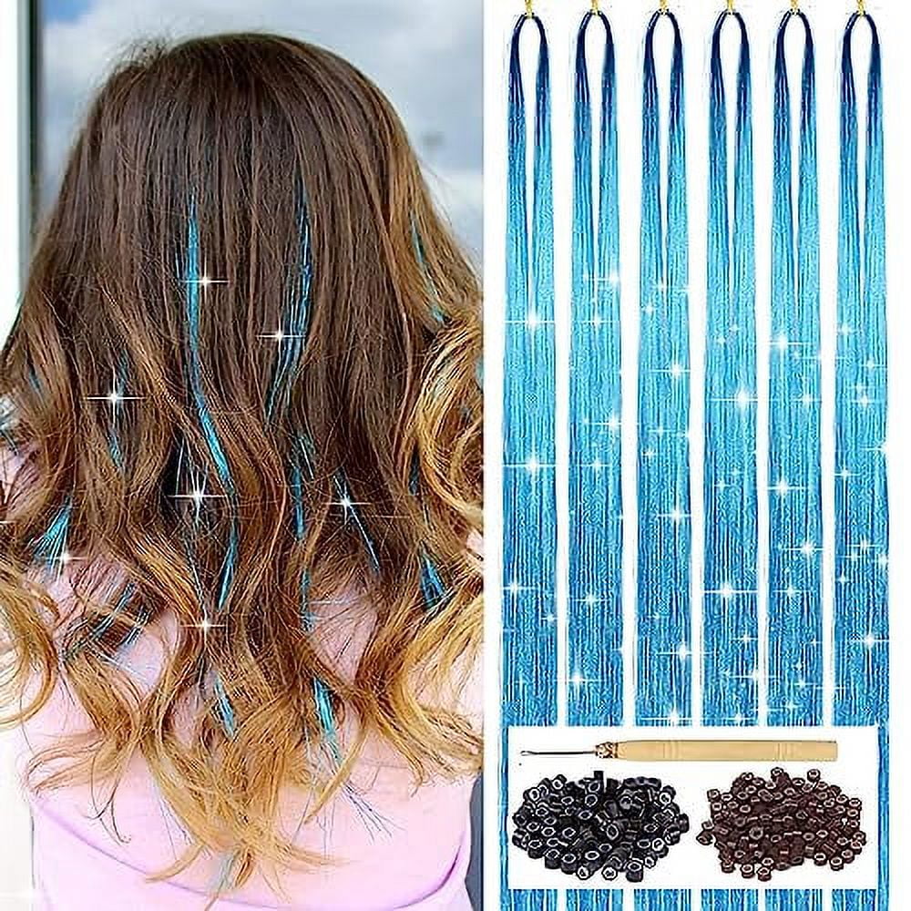 Sky Blue Hair Tinsel Kit with Tool 6pcs 1200 Strands Hair Tinsel Heat ...