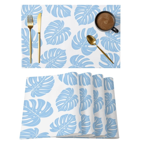Sky Blue Monstera Leaf Cotton Linen Placemats Set of 8, Summer Tropical ...