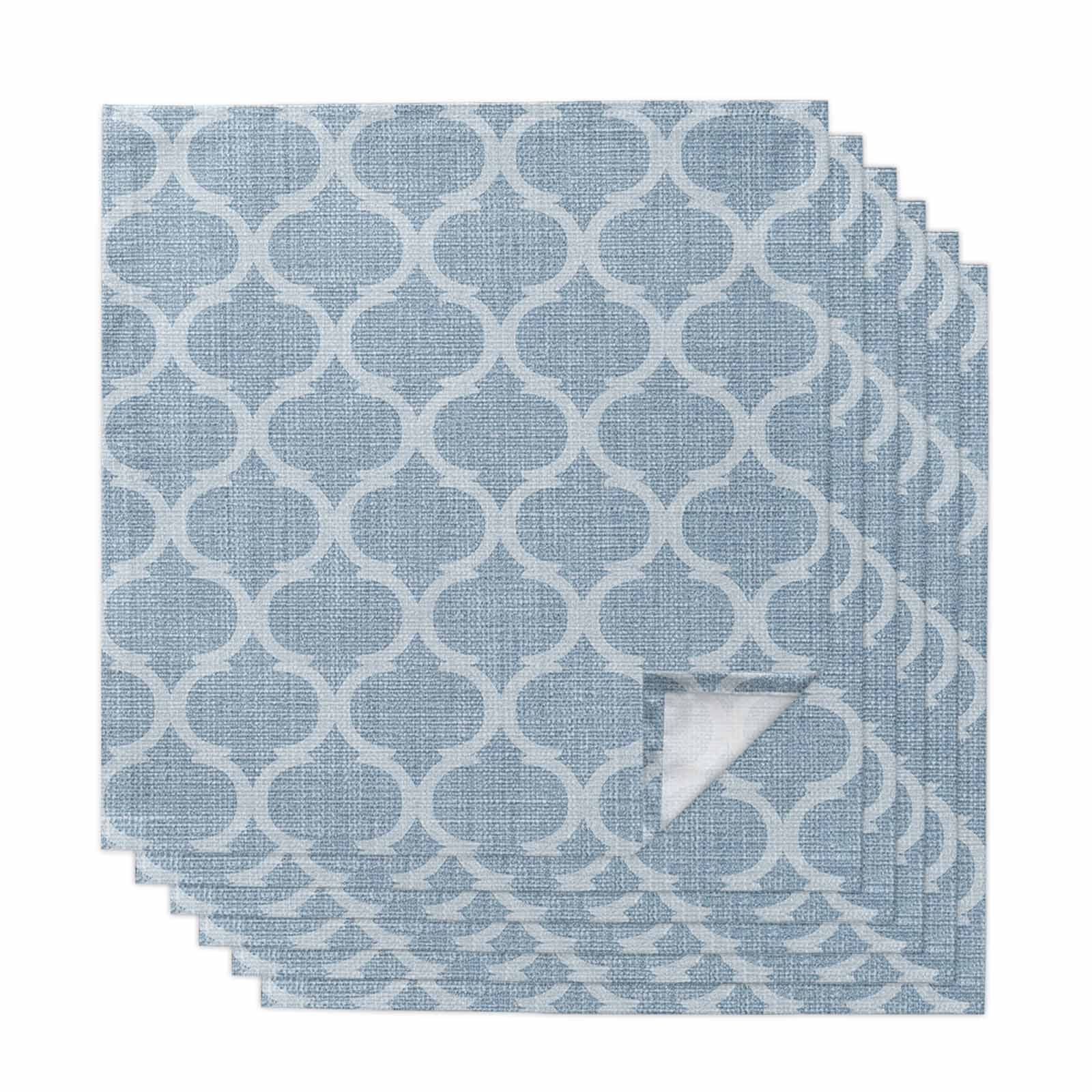 Sky Blue Morocco Cloth Napkins, Farmhouse Geometric Quatrefoil Grid ...