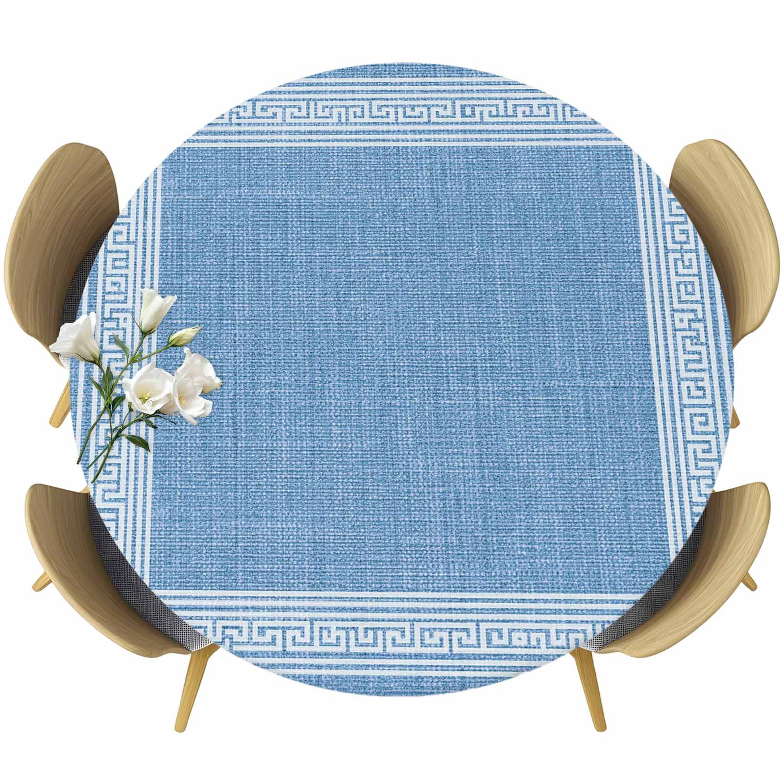 Sky Blue Retro Greek Key Round Tablecloth, Fitted Table Cover with ...