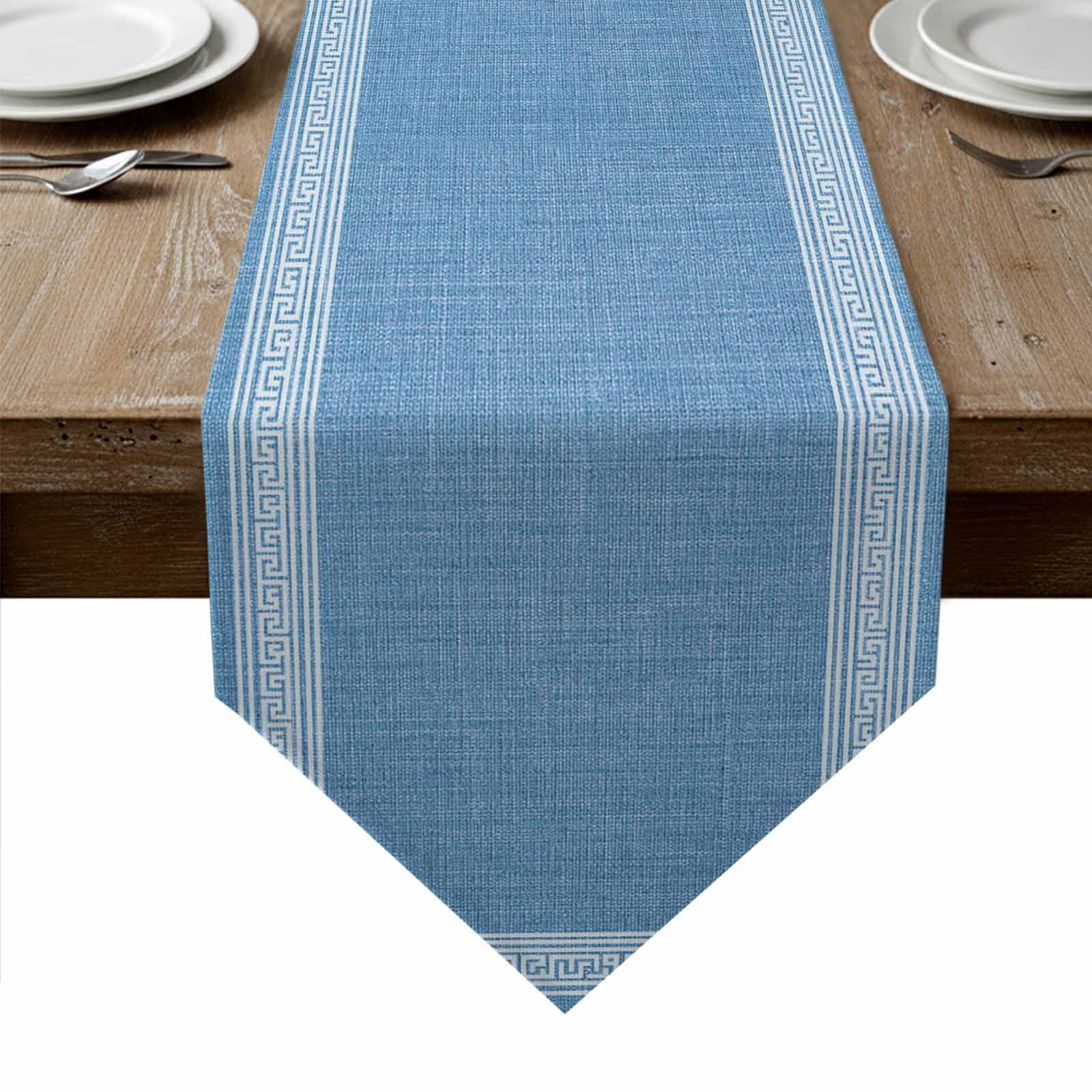 Sky Blue Retro Greek Key Table Runner Linen Burlap Table Runner 72 ...
