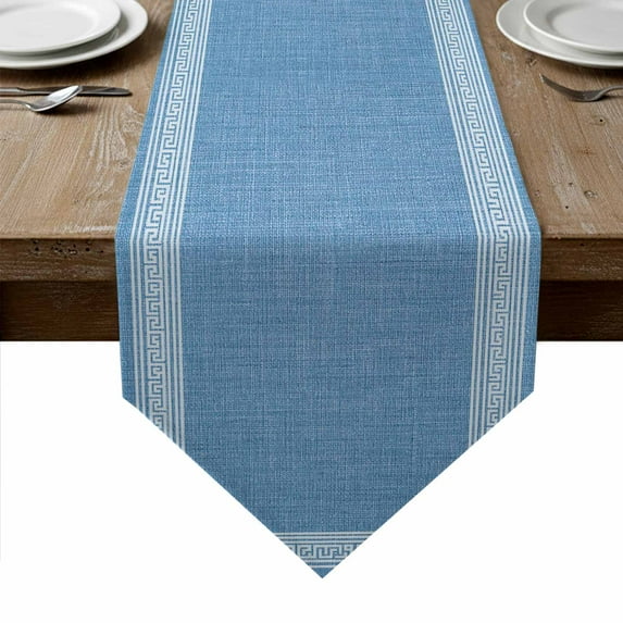 Sky Blue Retro Greek Key Table Runner Linen Burlap Table Runner 72 ...