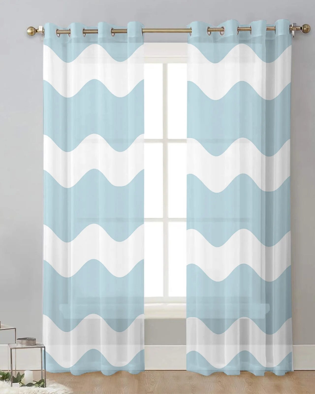 Sky Blue Ripple Waves Bedroom Organza Voile Curtain Window Treatment ...