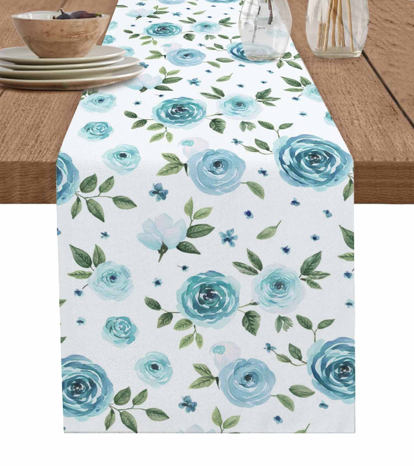 Sky Blue Roses Flowers Short Table Runners 48 Inches, Cotton Linen ...