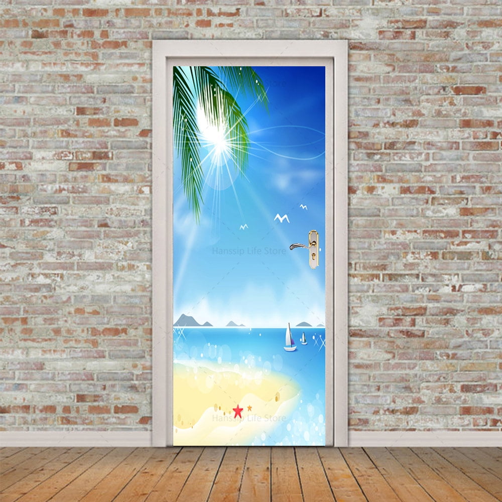 Sky Blue Sea Door Stickers PVC Waterproof Immersive Relaxation ...