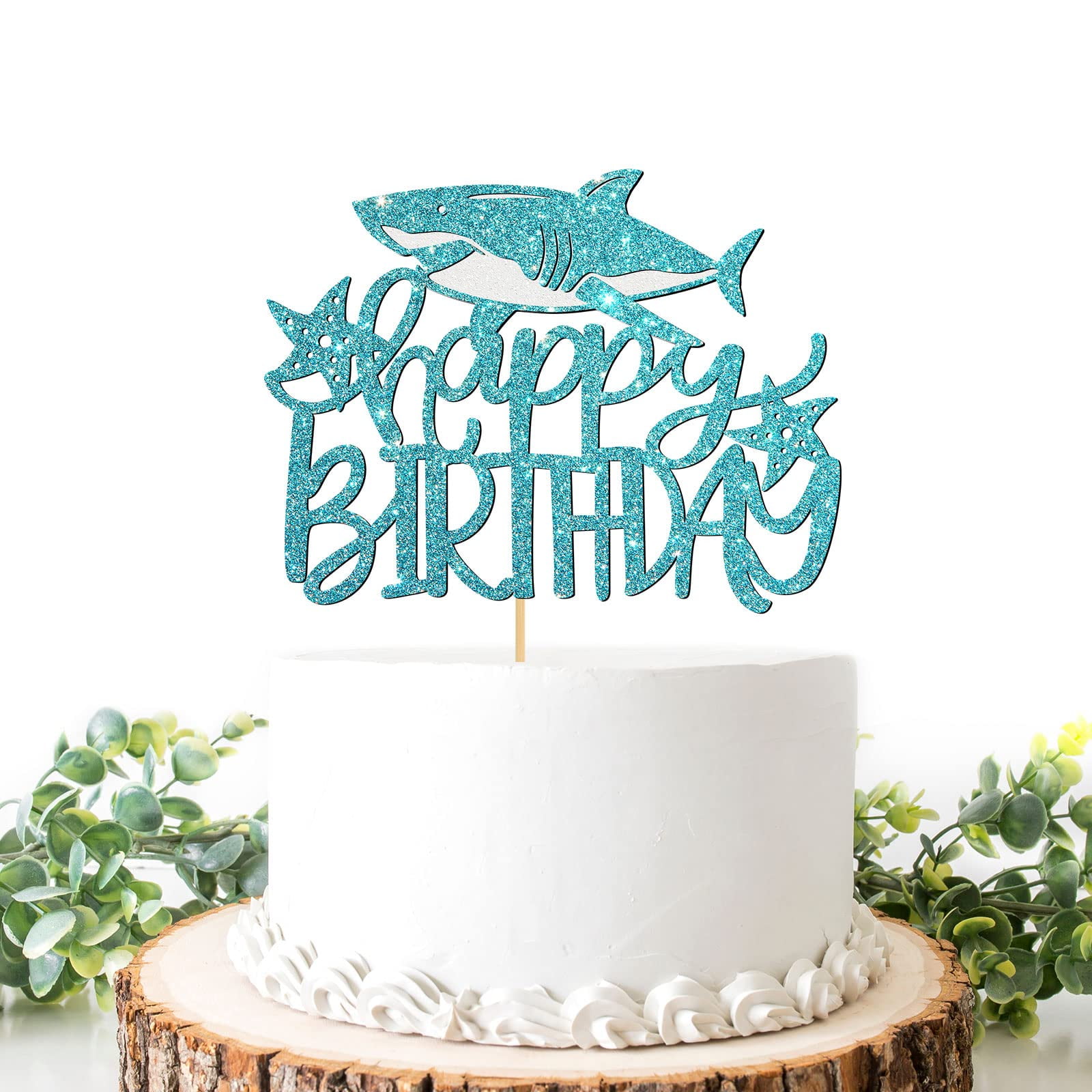 Sky Blue Shark SCH4 Happy Birthday Cake Topper, Shark Theme Cake Topepr ...