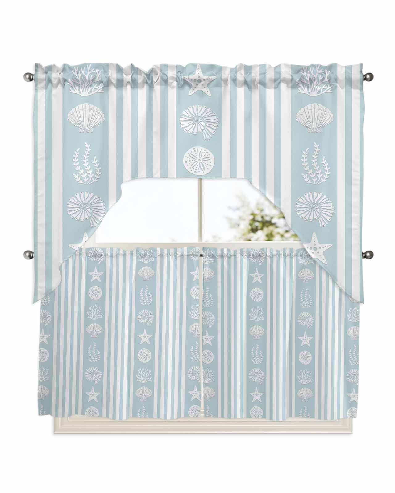 Sky Blue Striped Coastal Kitchen Curtain and Valance Set 3 Pieces,Rod ...