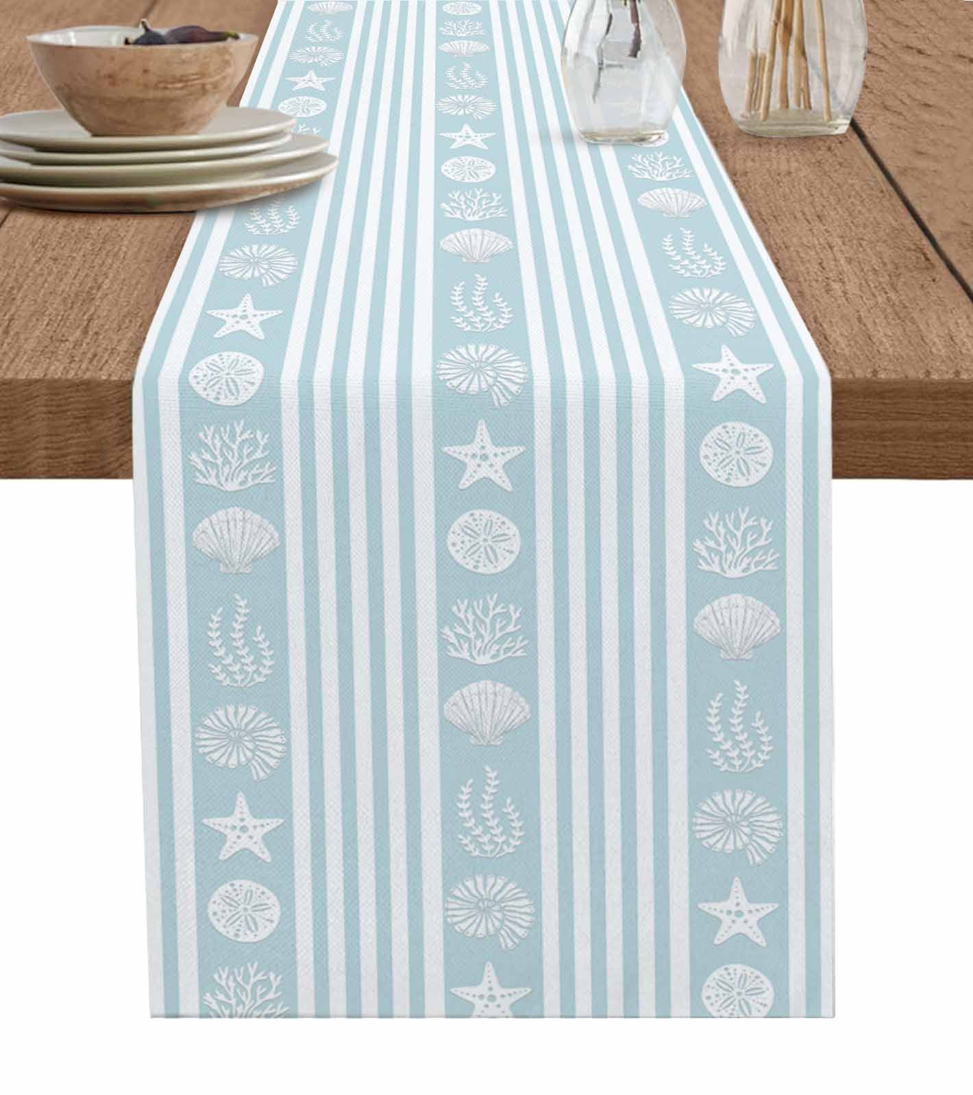 Sky Blue Striped Coastal Table Runner Nautical Beach Starfish Shell ...