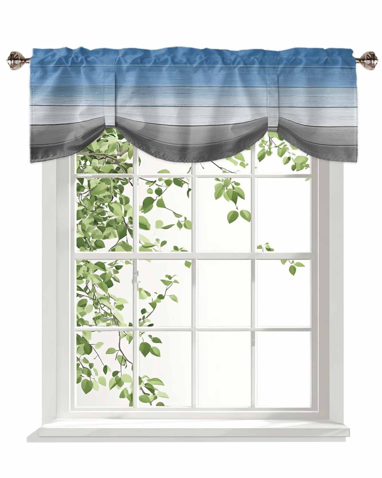 Sky Blue Tie Up Valances Curtain, Adjustable Kitchen Grey Gradient Wood ...