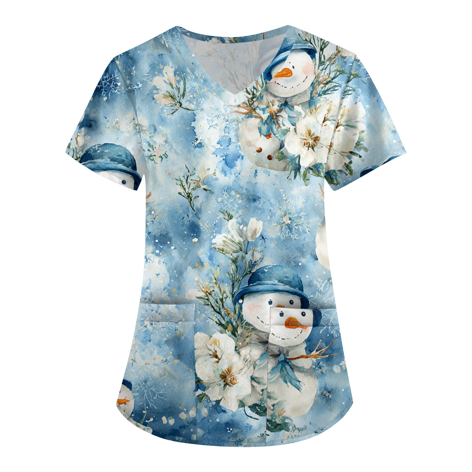 Sky Blue Women'S Christmas Motif Colourful Care Tunic Short Sleeve V ...