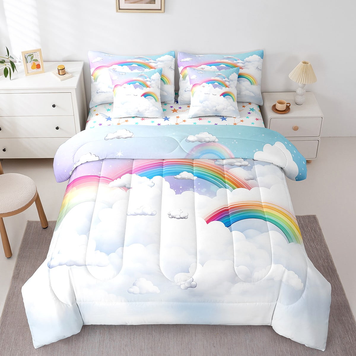 Sky Clouds 7 Pcs Comforter Set Full Size Rainbow Cute Cartoon Bed In A ...
