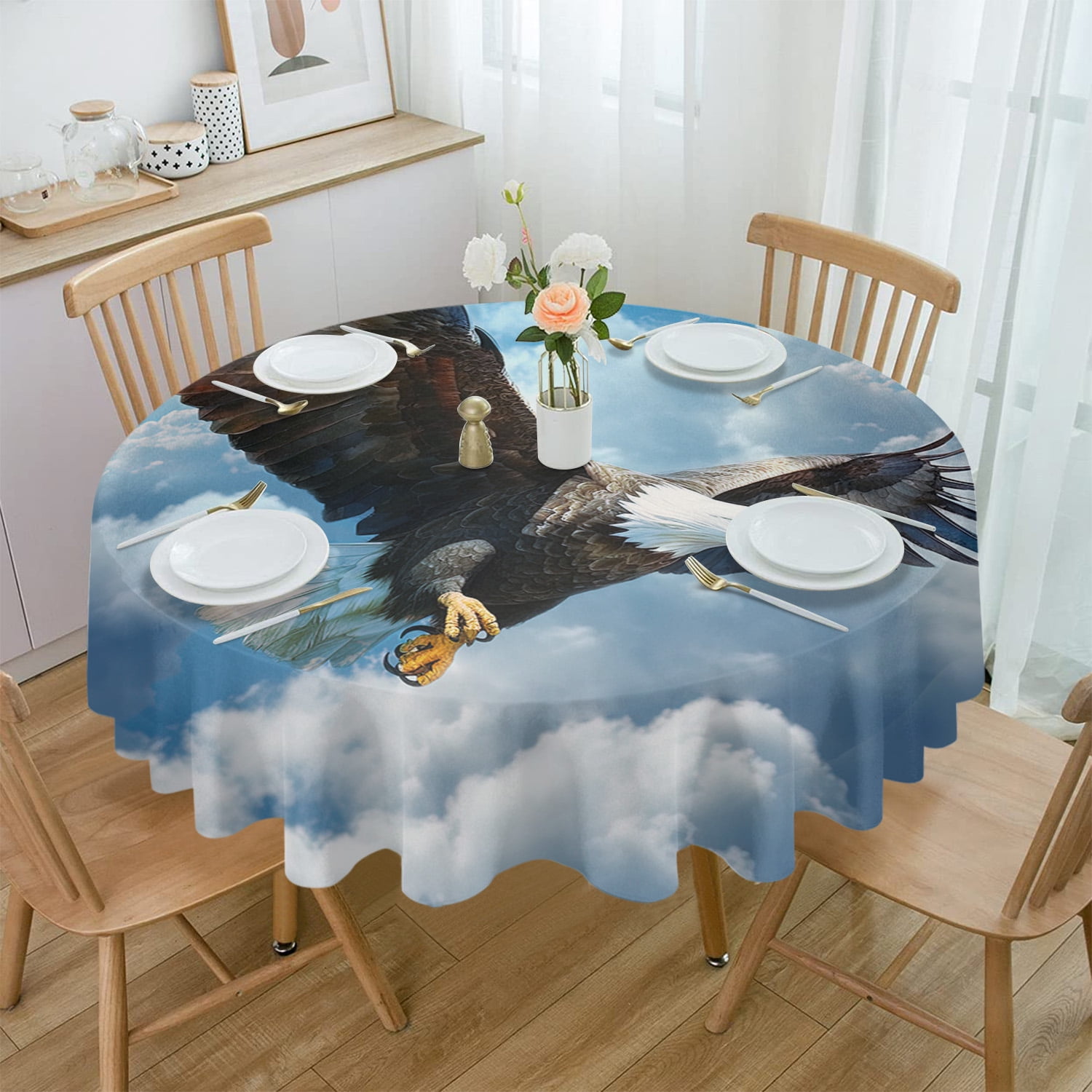 Sky Clouds Eagle Tablecloths for Dining Table Waterproof Round Table ...