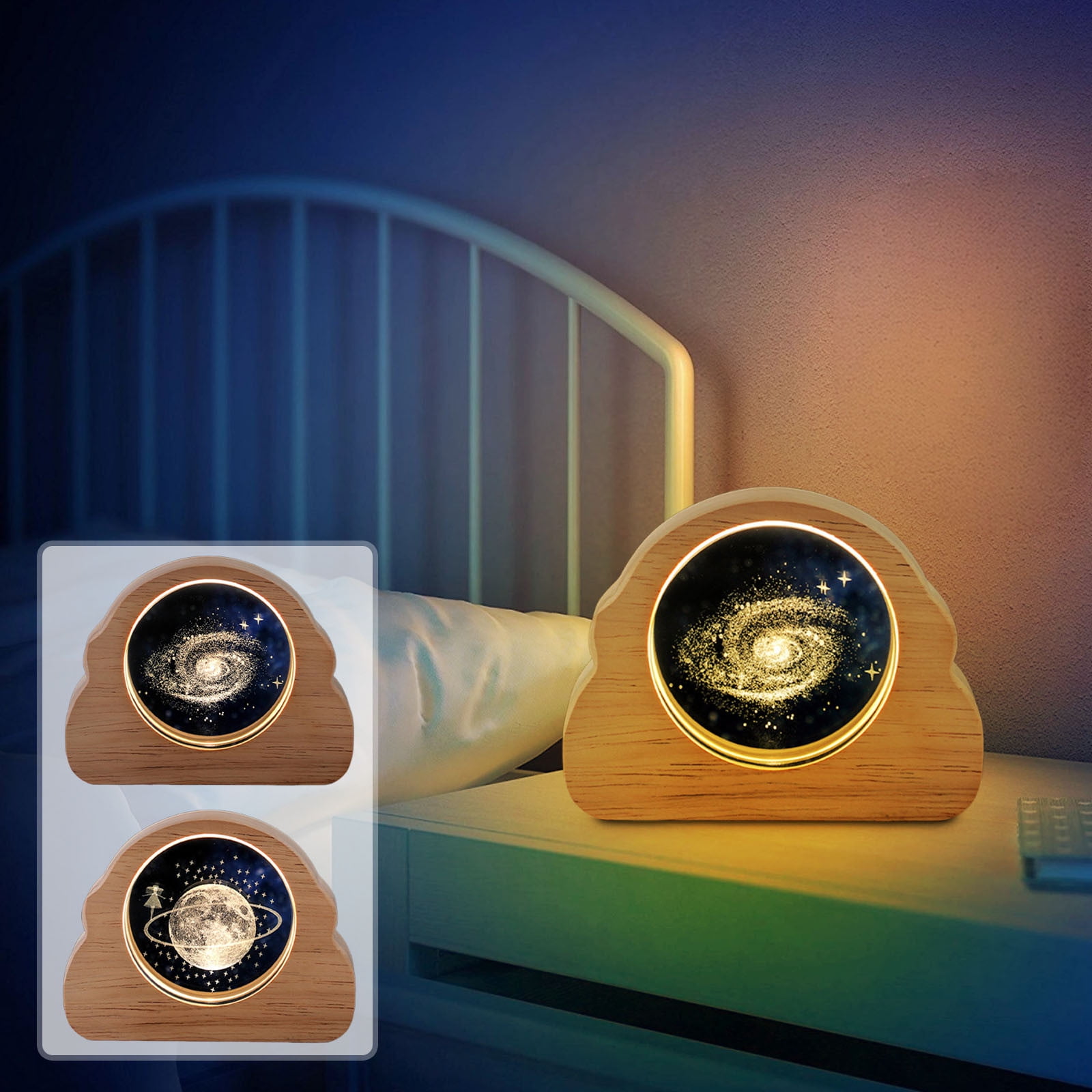 Sky Crystal Night Light | Etched Glass Sphere LED Lamp With Wooden Base ...