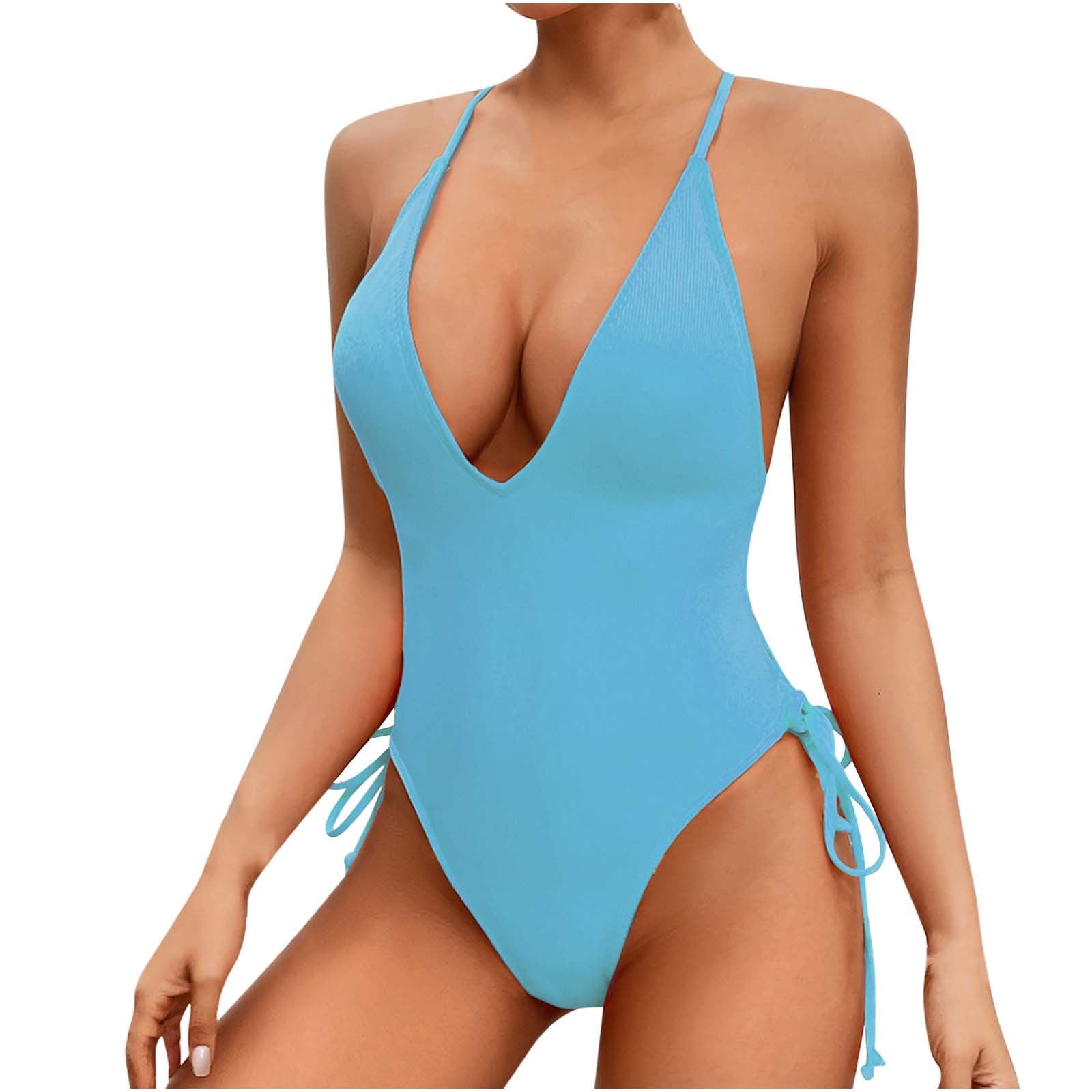 Sky Light Blue Deep V Neck Backless Halter Strap Swimsuit for Juniors Sleeveless Beach Casual ...