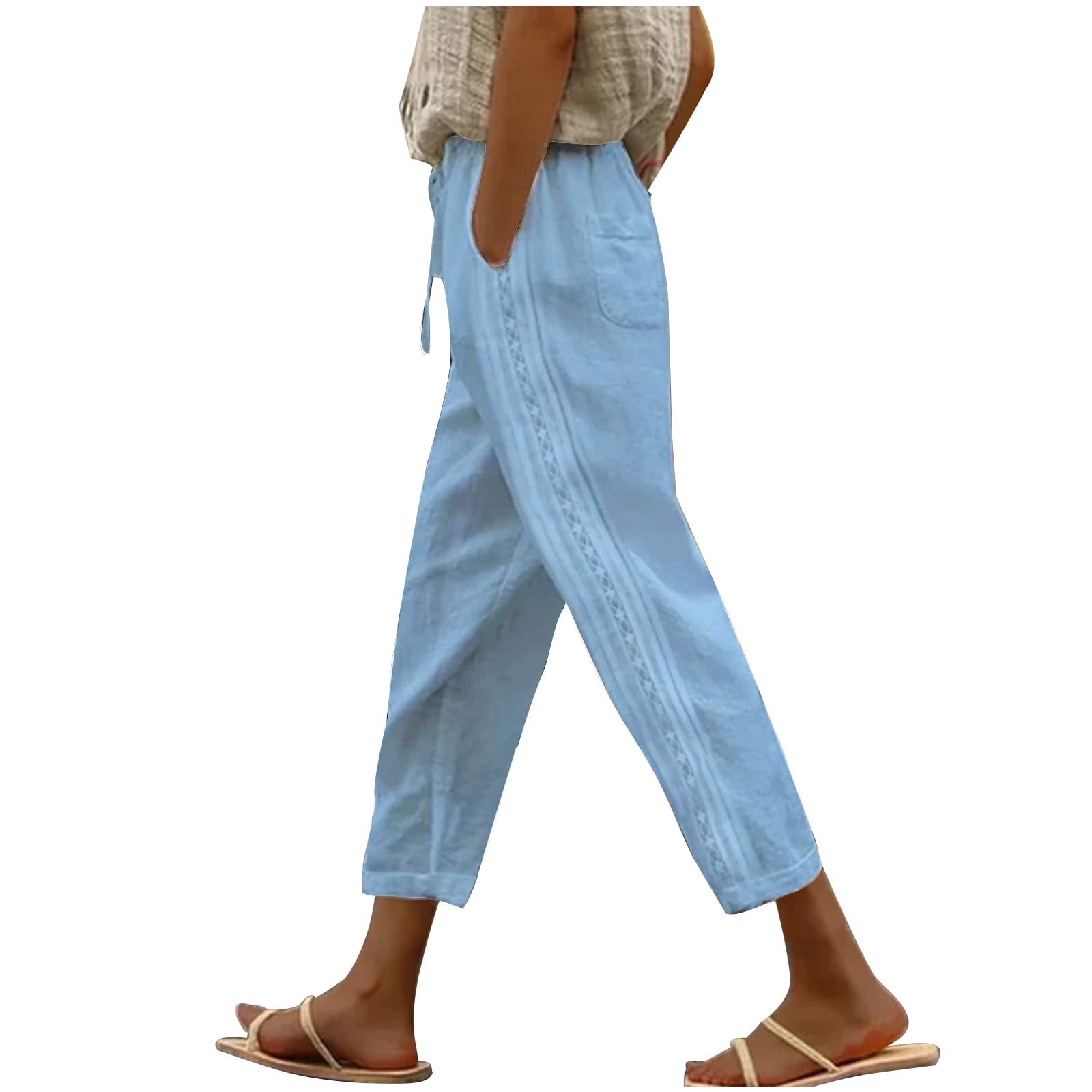 Sky Light Blue Flare Wide Leg Straight Leg Elastic Waist Basic Long ...