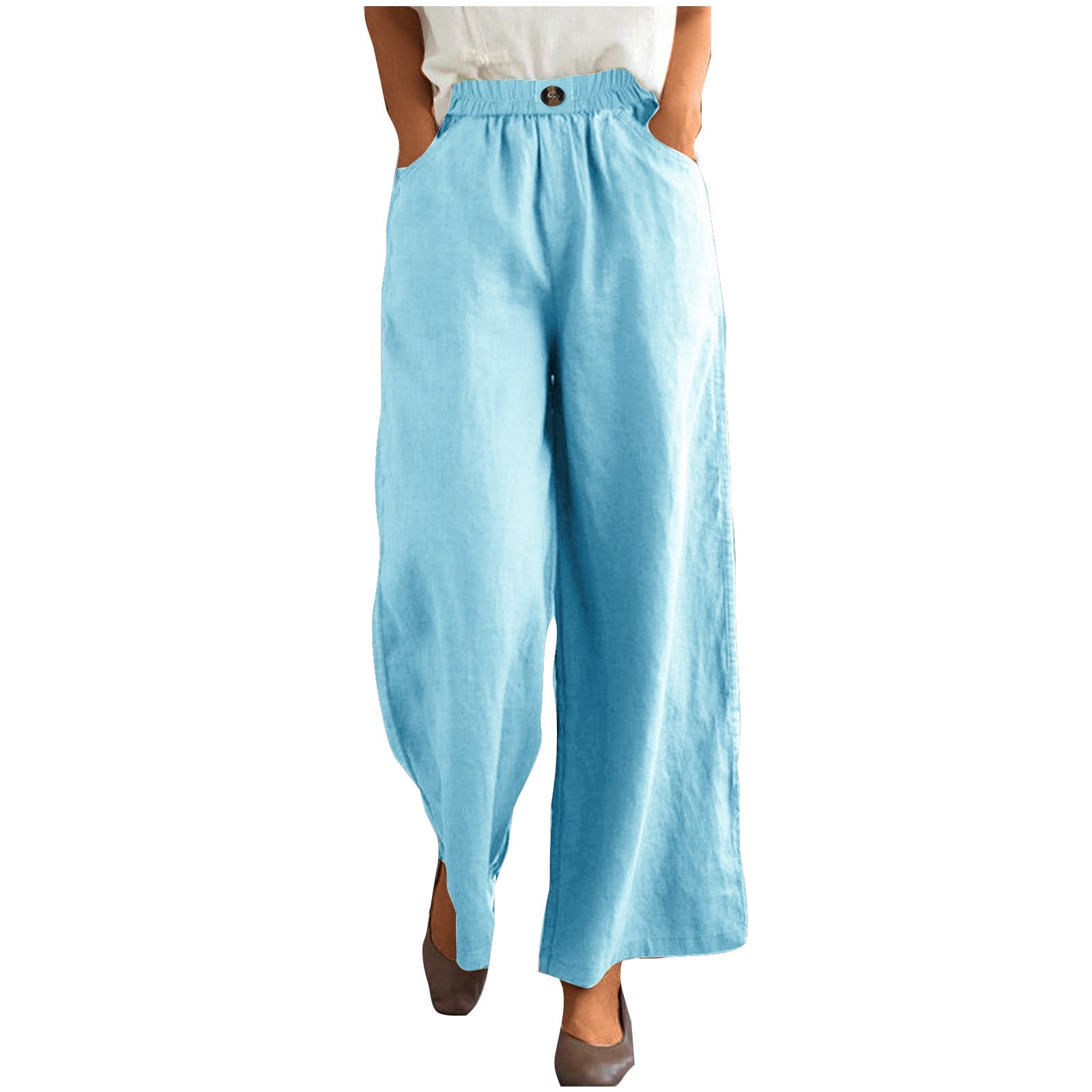 Sky Light Blue Ladies Brunch Button Trousers Pants for Women Faux Gauze ...