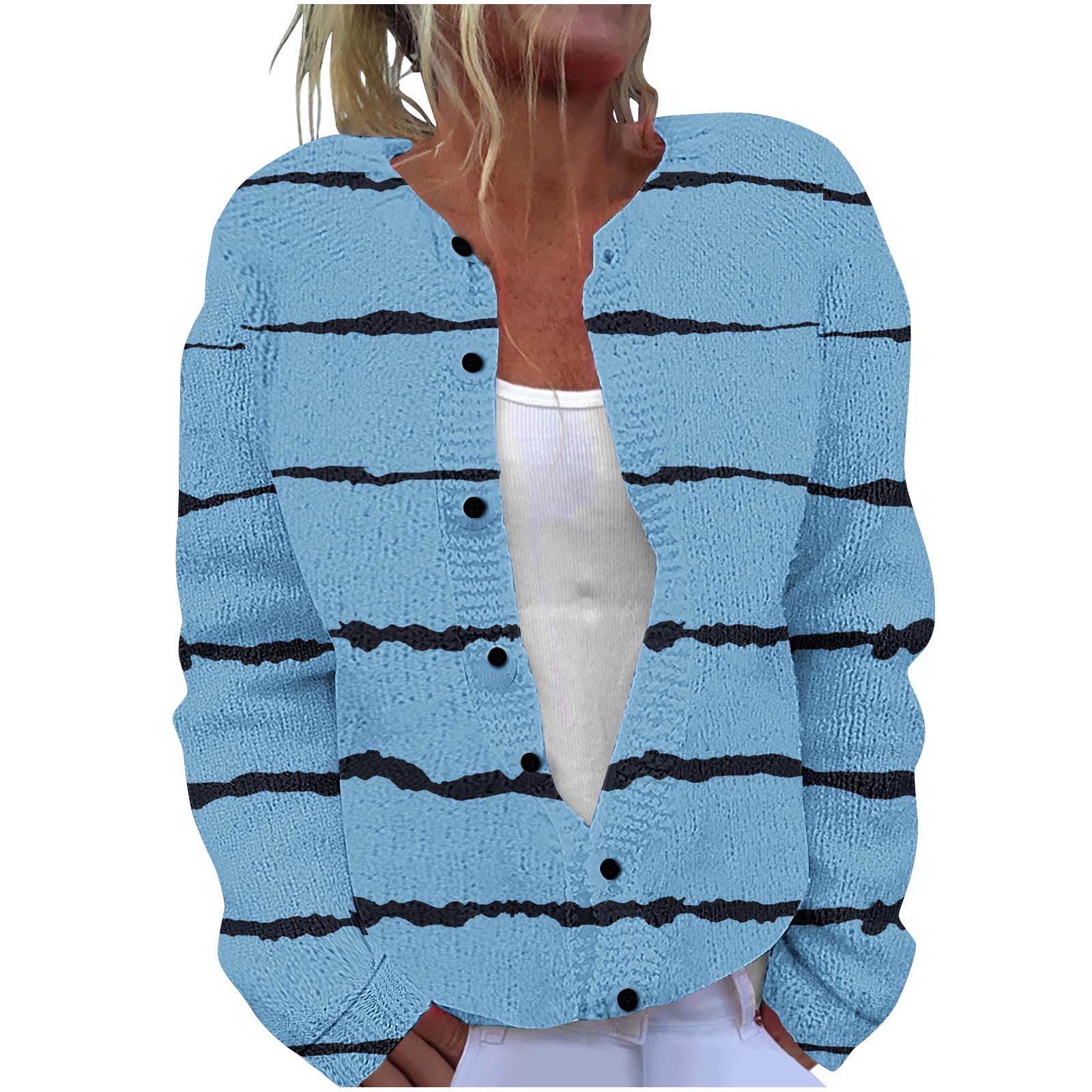 Sky Light Blue Ladies Crochet Striped Knit Cardigan Graphic Jackets ...