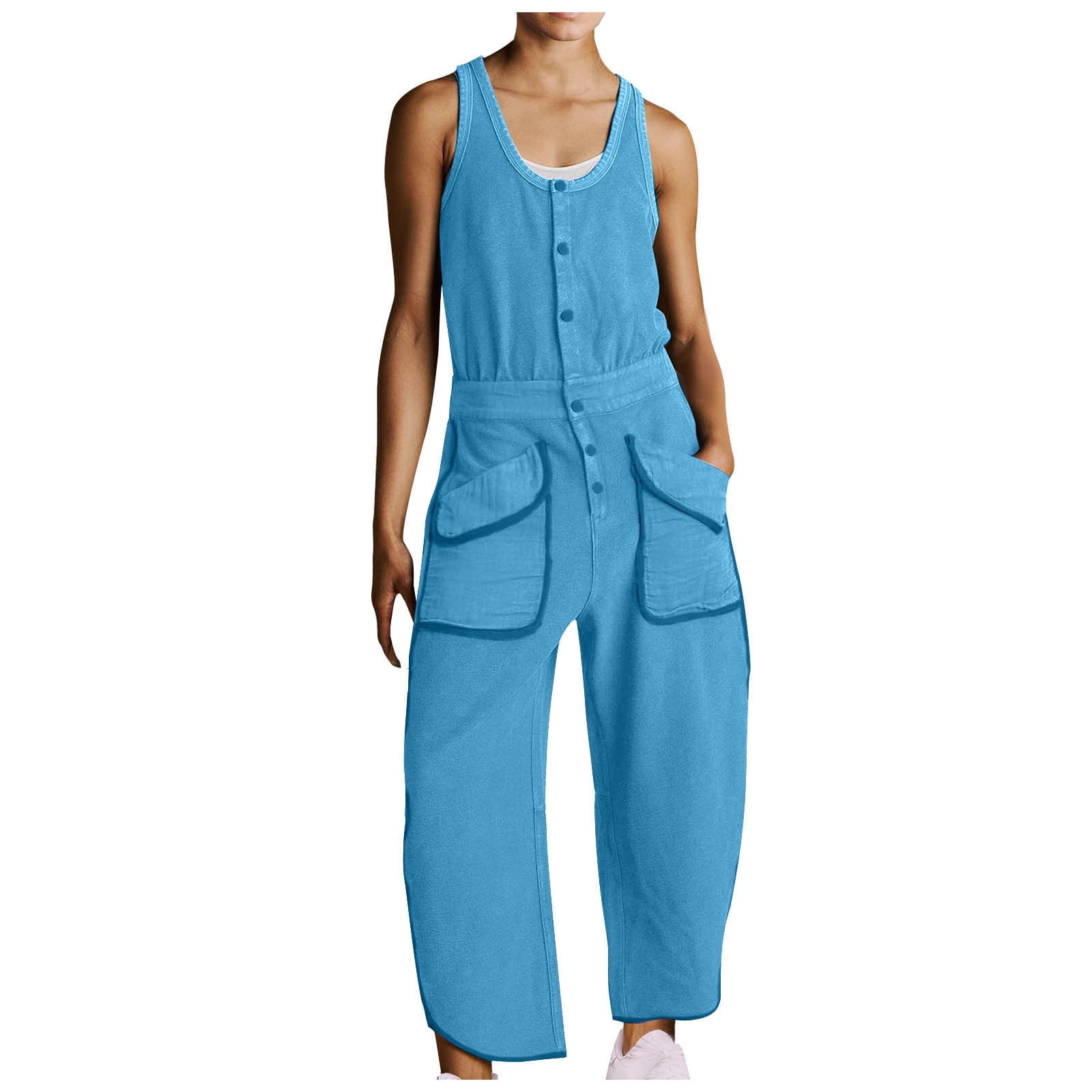 Sky Light Blue Ladies Loose Fit Coveralls Faux Gauze Linen Overalls ...