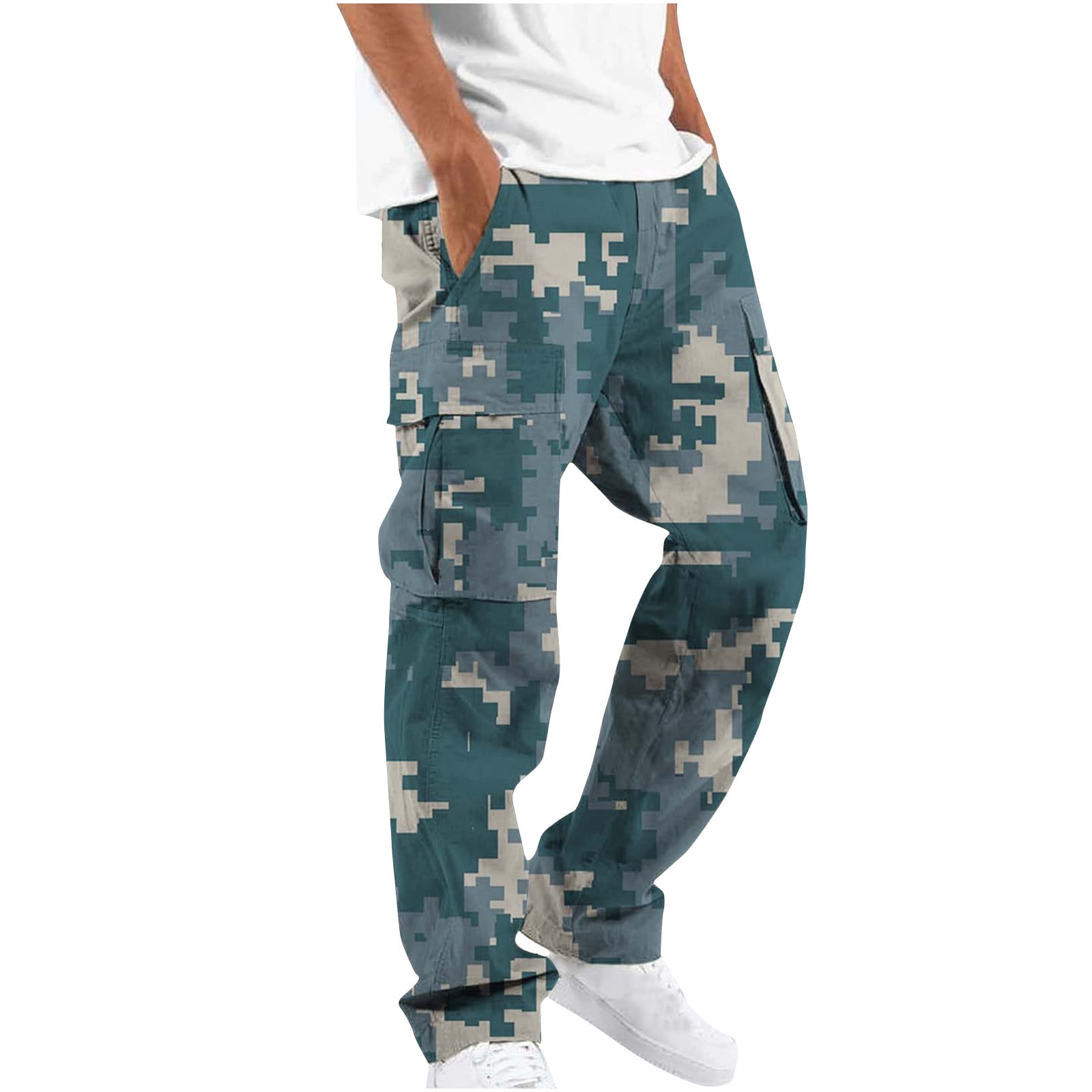 Sky Light Blue Man Loose Fit Pants for Mens Wild Cargo Casual Camo Pleated Paperbag Army Fatigue ...