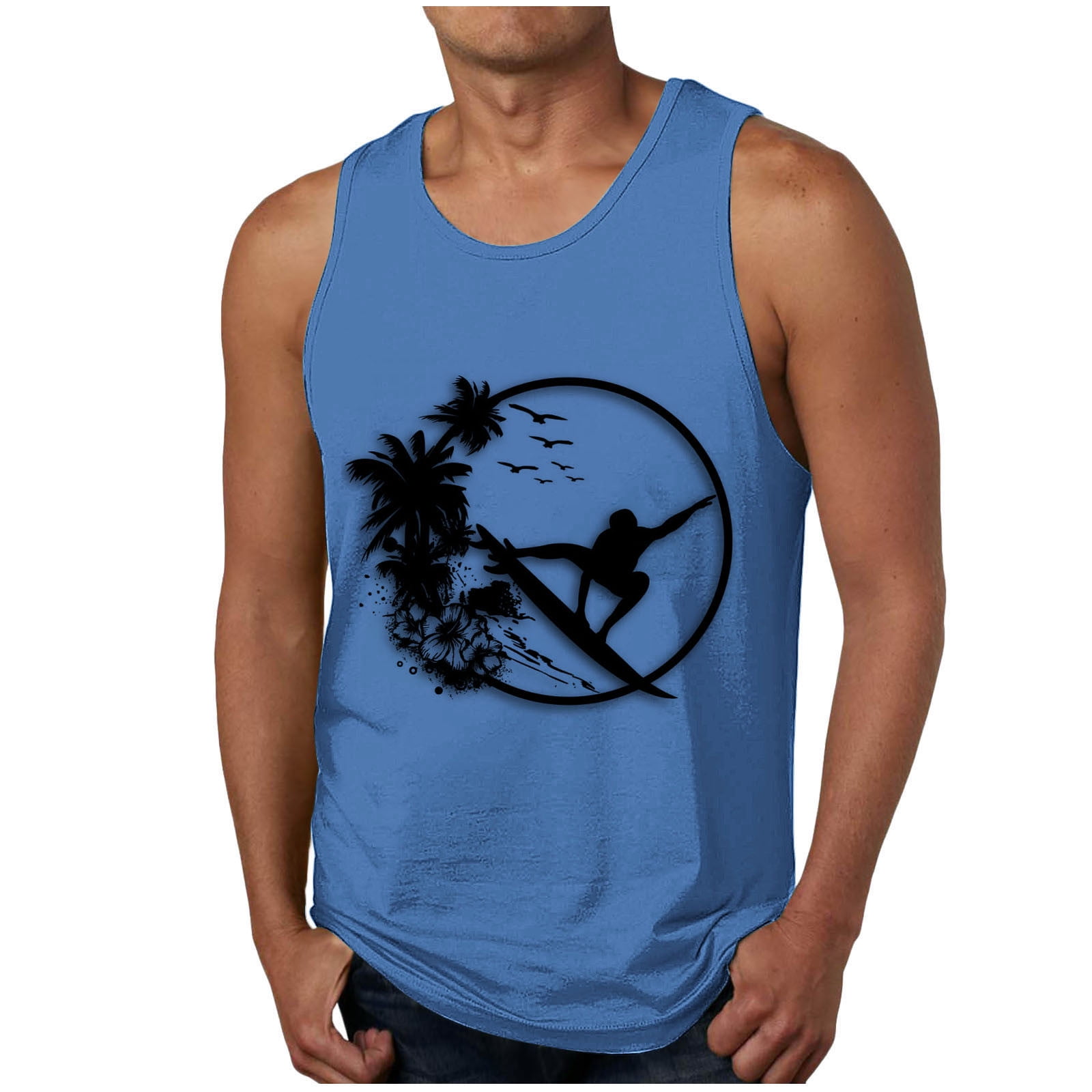 Sky Light Blue Man Loose Fit Vests Crew Neck Vest Tops for Man ...