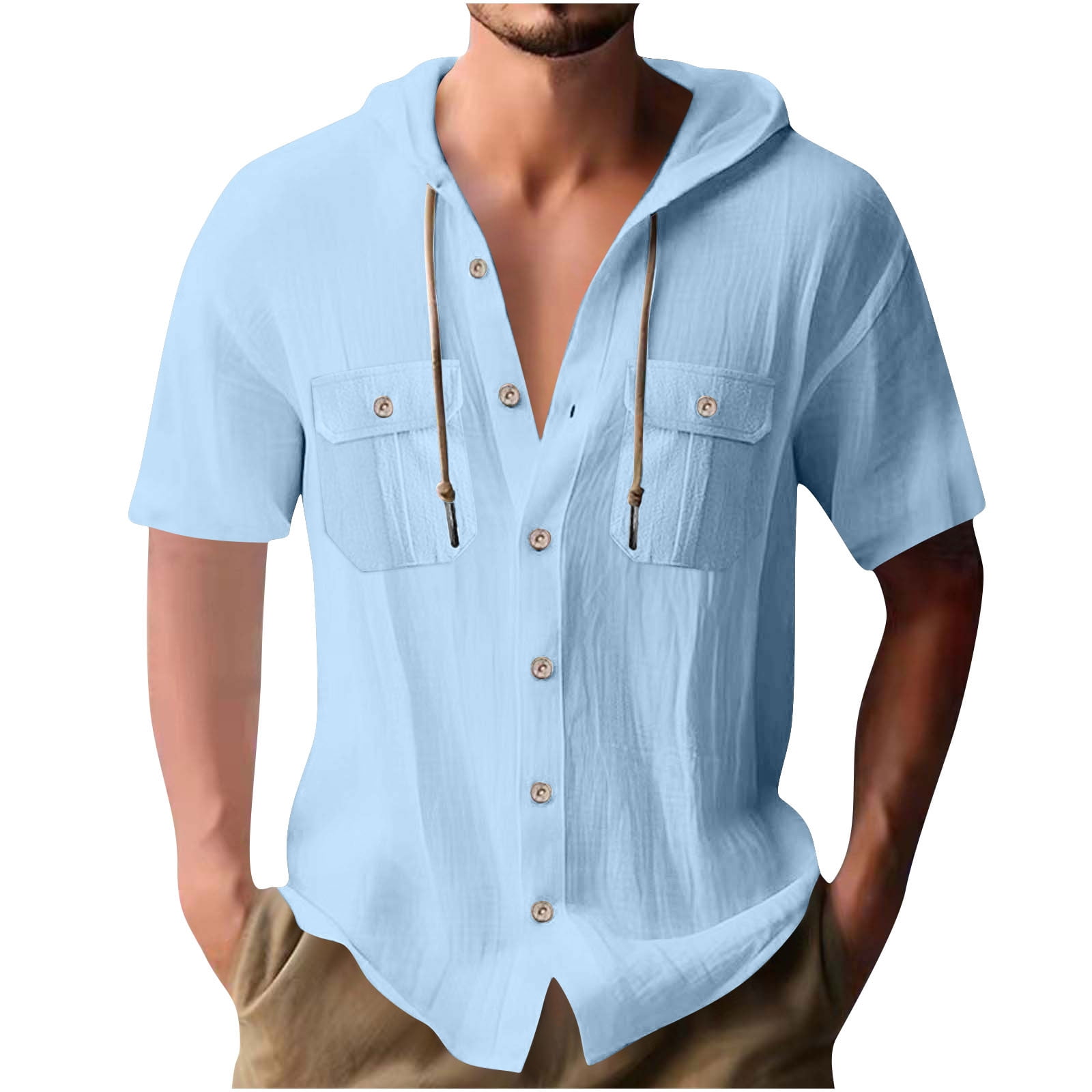 Sky Light Blue Mens Casual Button Short Sleeve Hoods Outfit for Mens ...