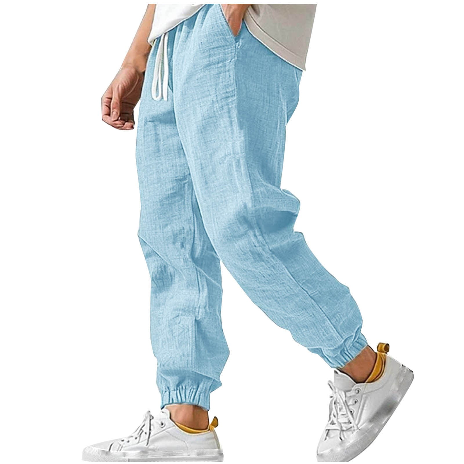 Sky Light Blue Pants for Man Fall Summer Faux Linen Loose Fit Pleated ...