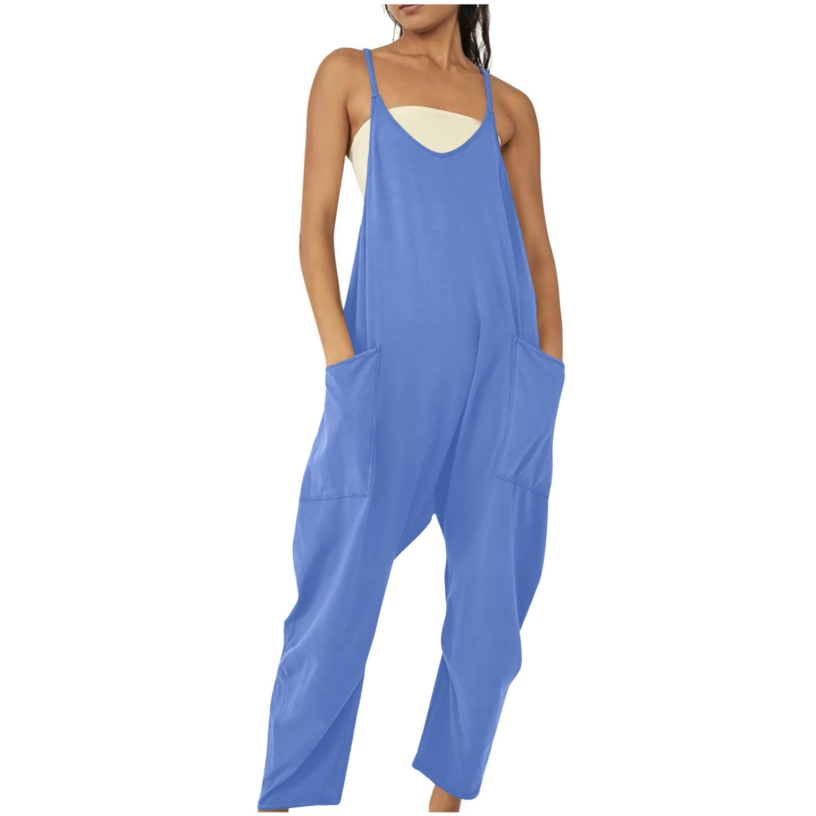 Sky Light Blue Spandex Coveralls for Women Fall Summer Loose Fit Brunch ...