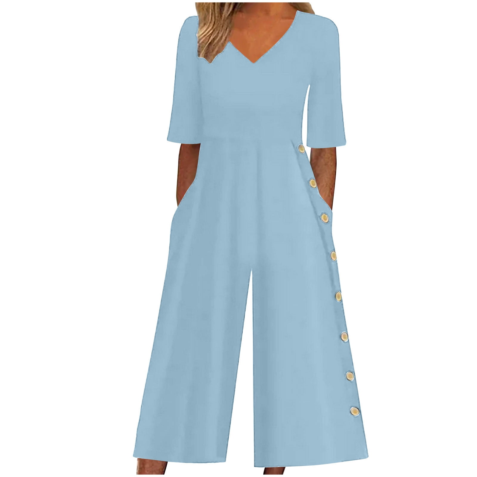 Sky Light Blue Womens Brunch Button Coveralls Coveralls Pants Unitard ...
